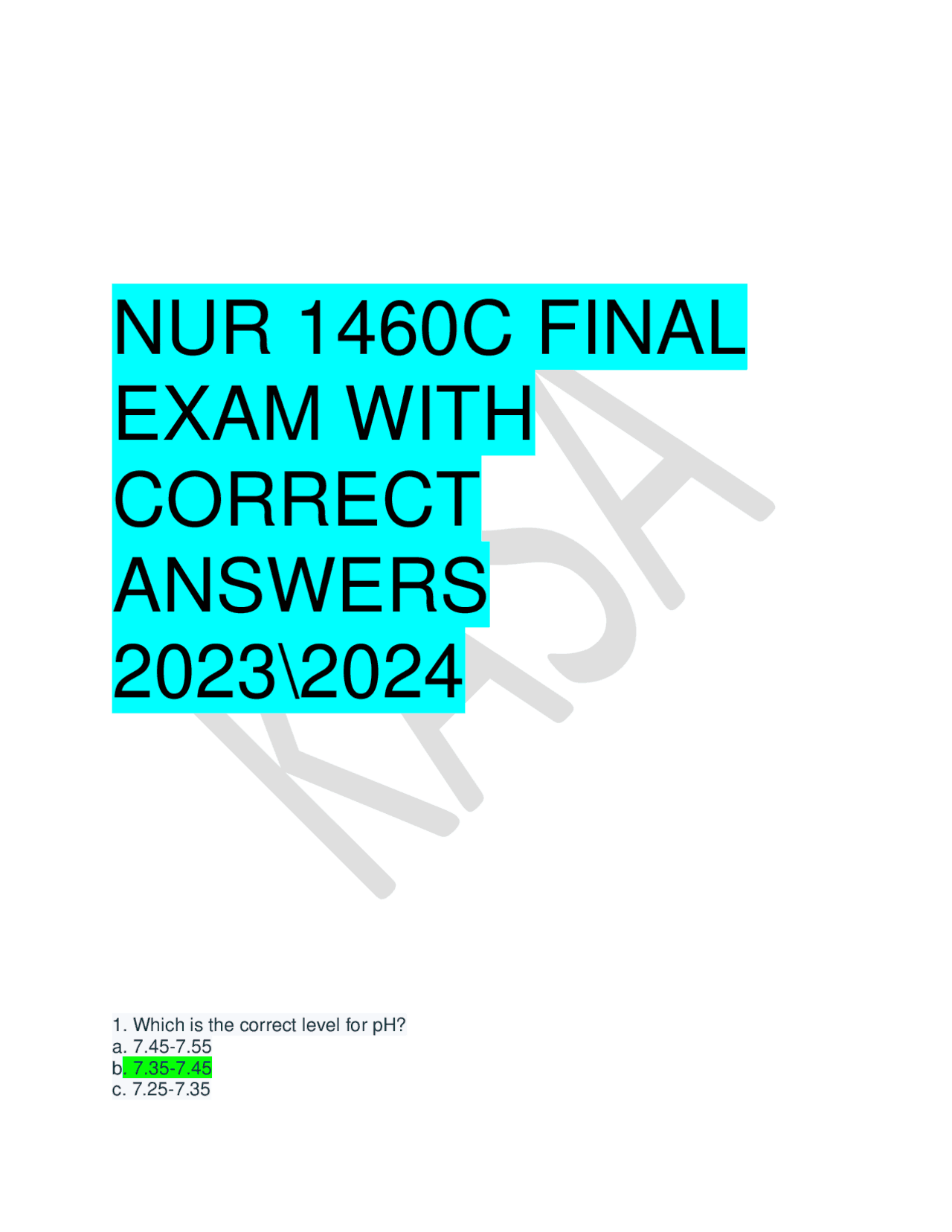 NUR 1460C FINAL EXAM WITH CORRECT ANSWERS 2023\2024 | Exams Health sciences | Docsity