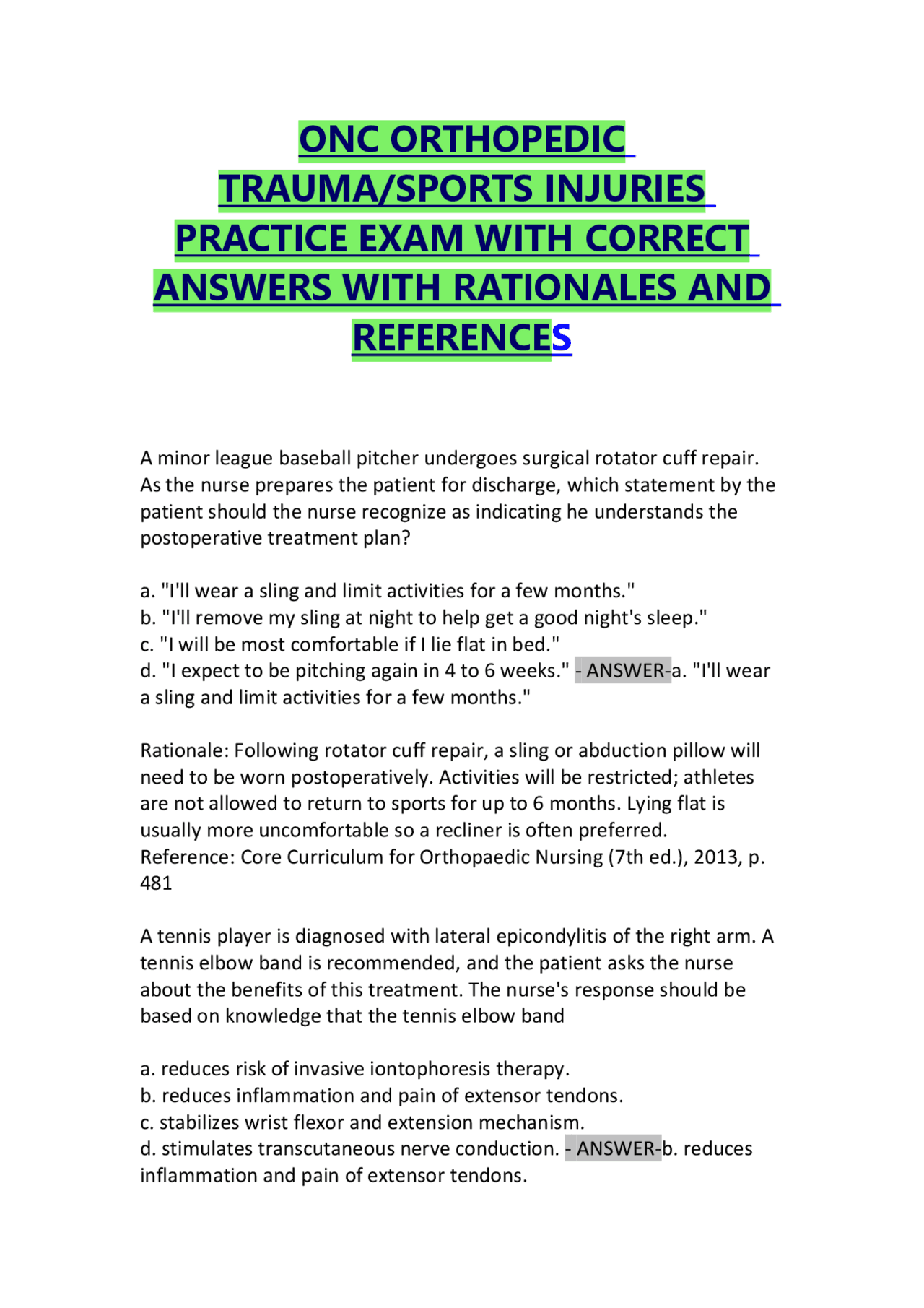 ONCORTHOPEDIC TRAUMA/SPORTS INJURIES PRACTICE EXAM WITH CORRECT ANSWERS ...