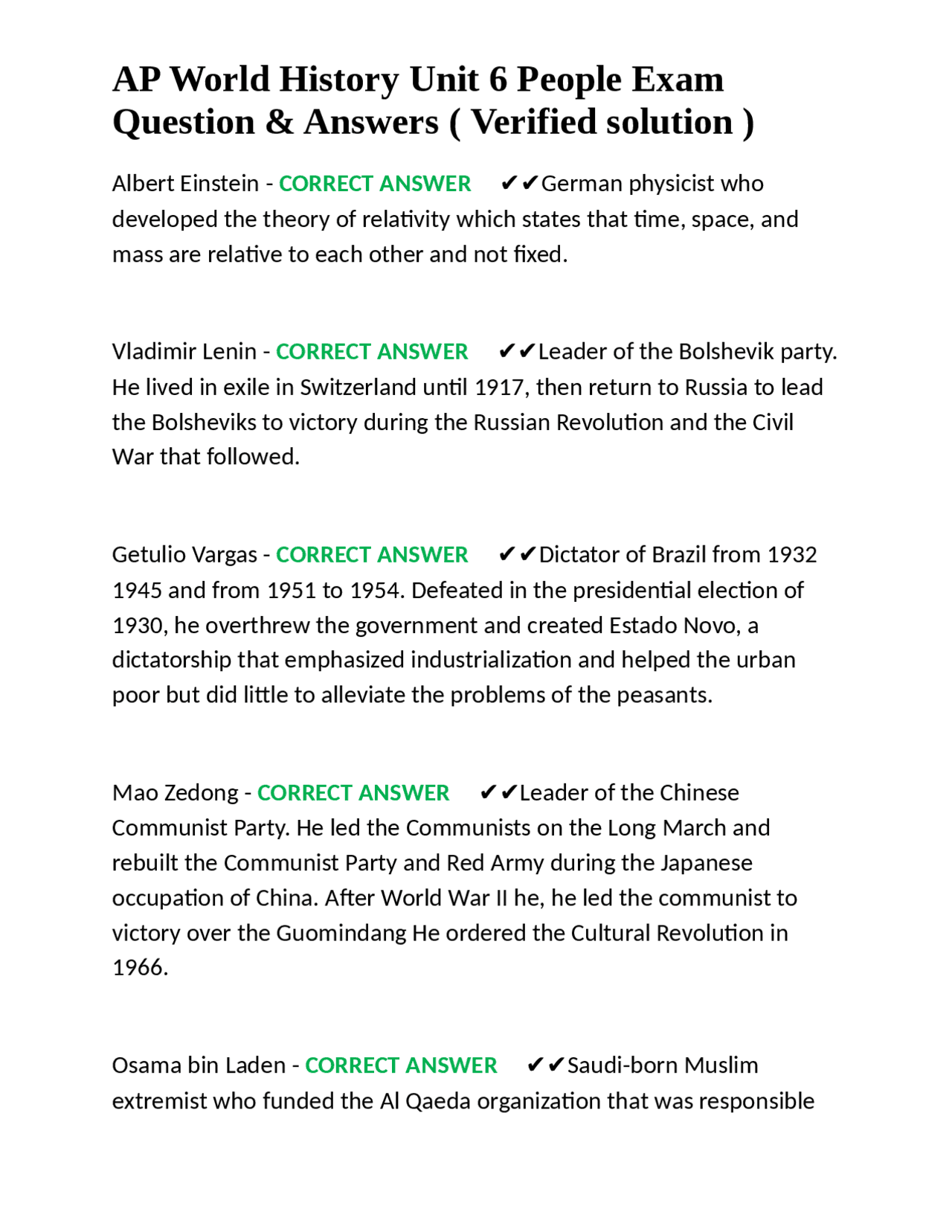 AP World History Unit 6: Key People Exam Q&A | Exams Nursing | Docsity