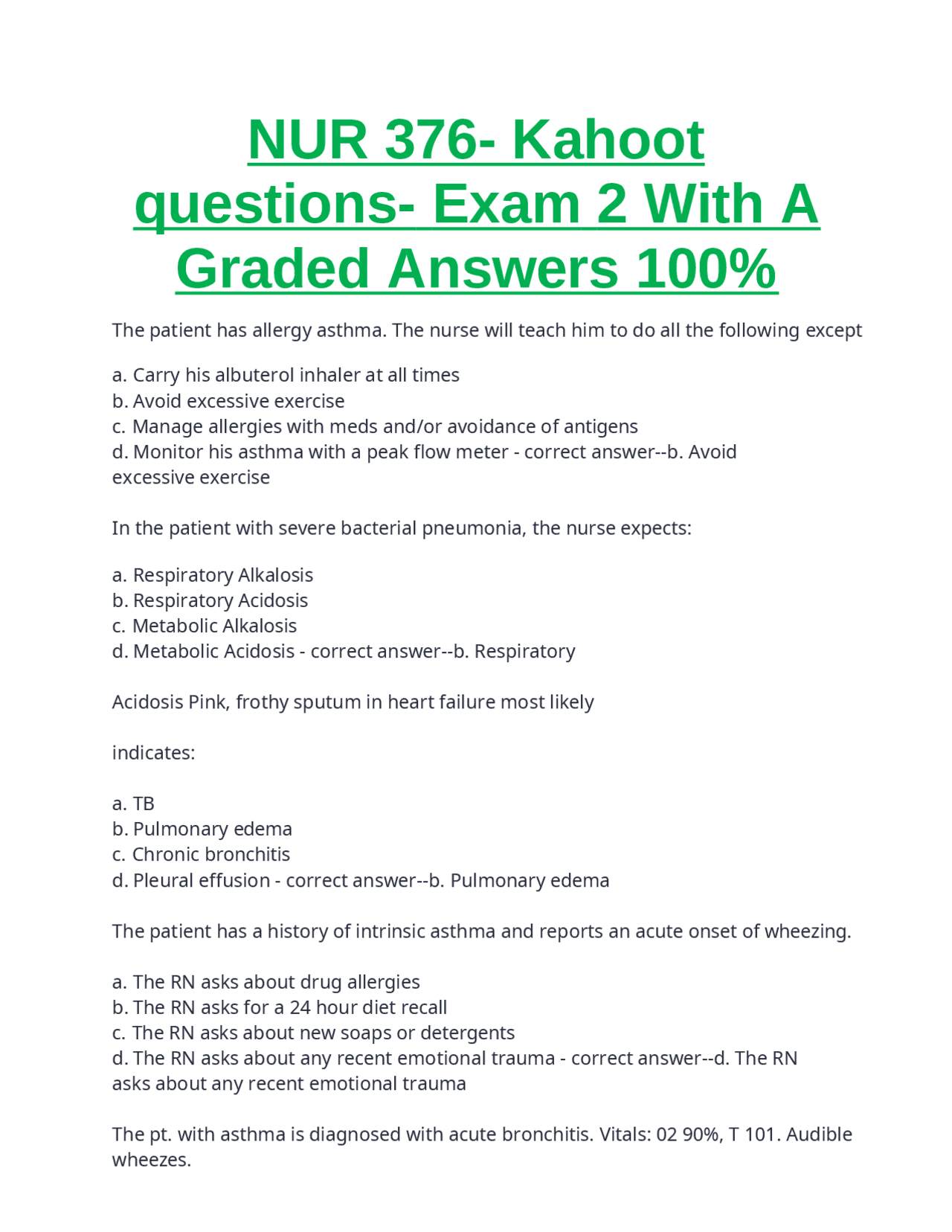 NUR 376- Kahoot questions- Exam 2 With A Graded Answers 100% | Exams ...