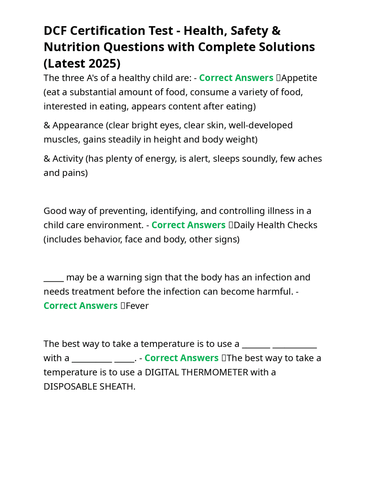 DCF Certification Test - Health, Safety & Nutrition Questions with ...