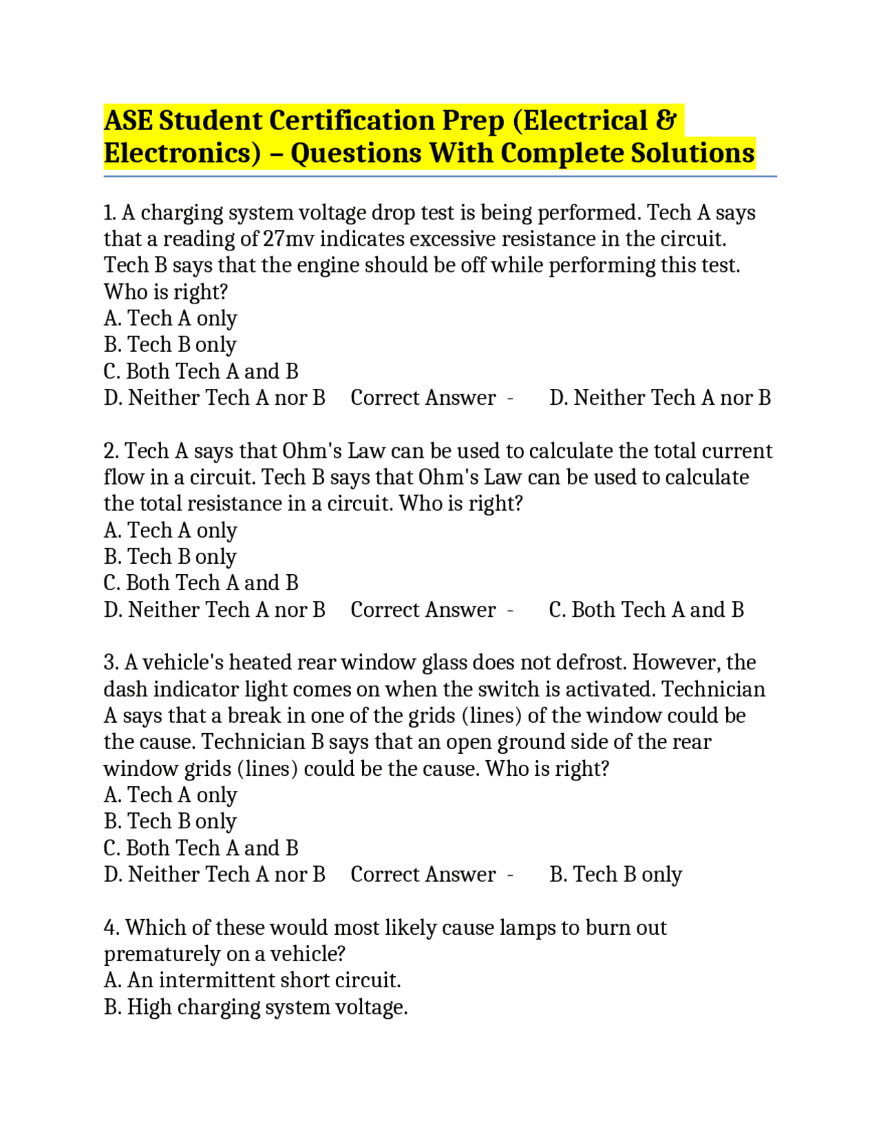ASE Student Certification Prep (Electrical & Electronics) – Questions ...