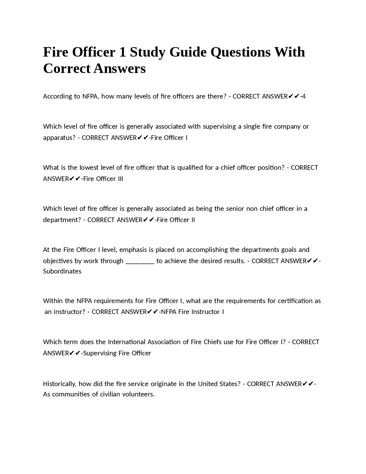 Fire Officer 1 Study Guide Questions With Correct Answers | Exams Safety and Fire Engineering ...