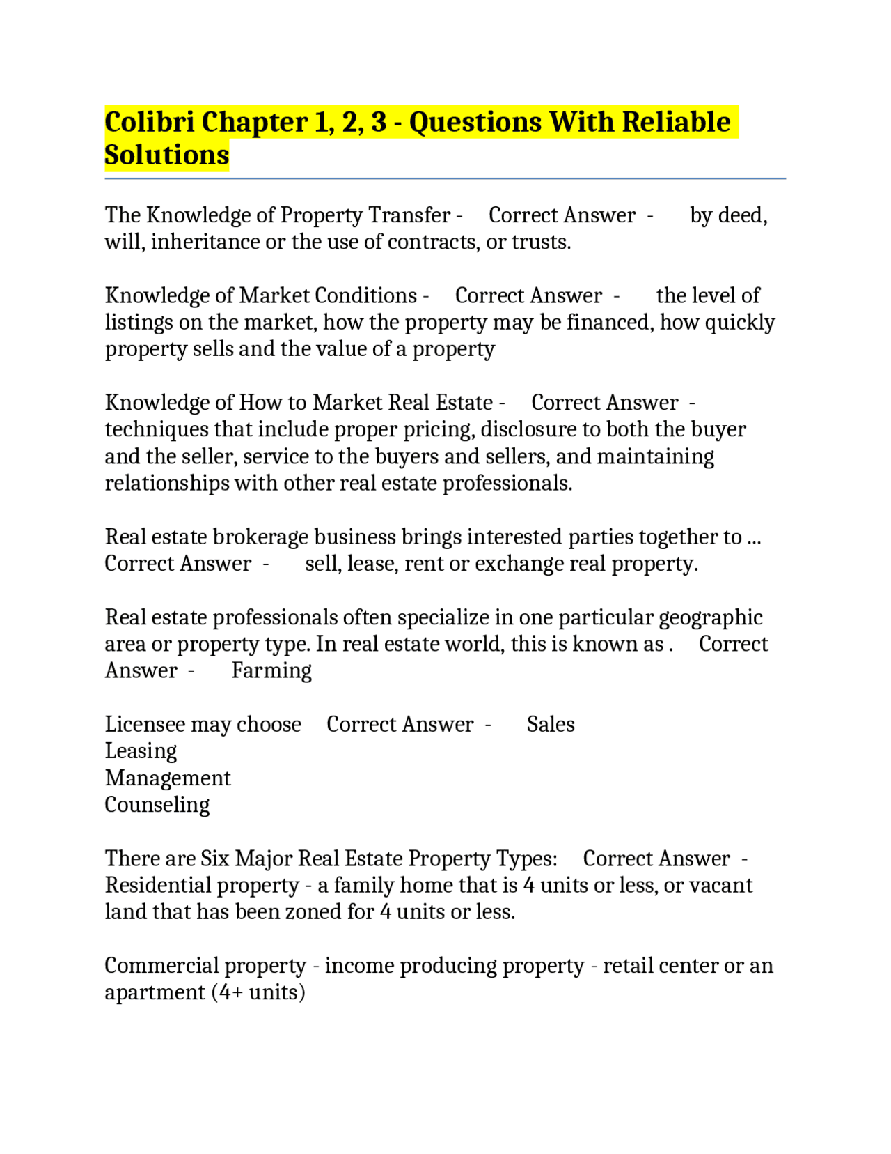 Colibri Chapter 1, 2, 3 - Questions With Reliable Solutions | Exams ...