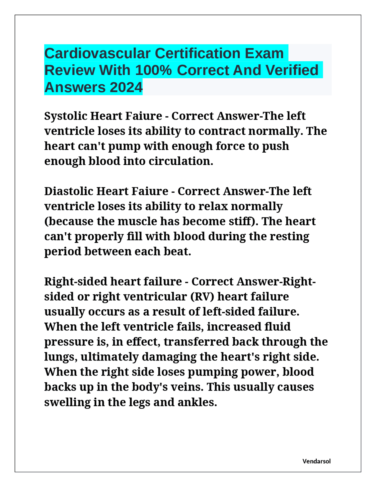 Cardiovascular Certification Exam Review With 100% Correct And Verified ...