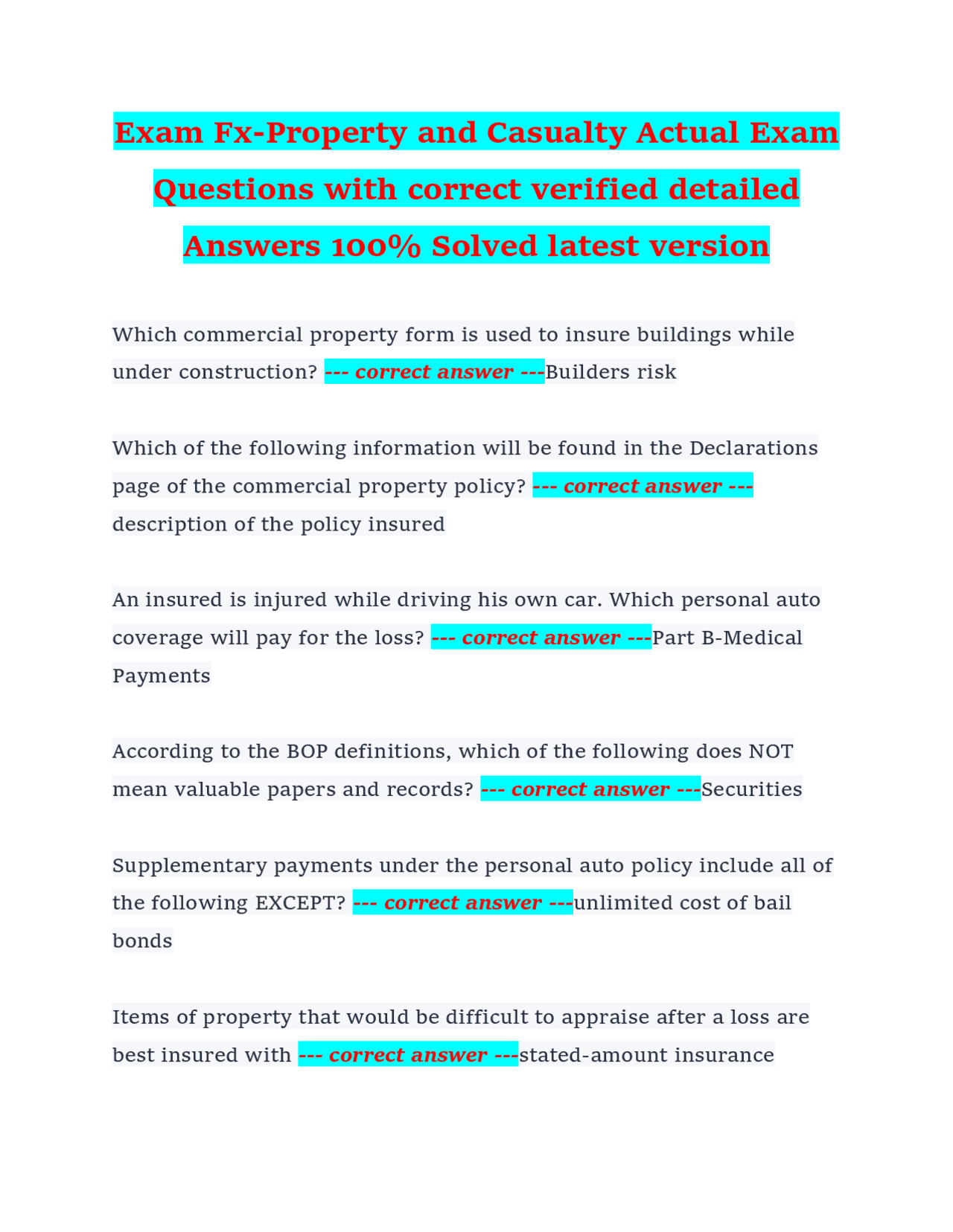 Exam Fx-Property and Casualty Actual Exam Questions with correct ...