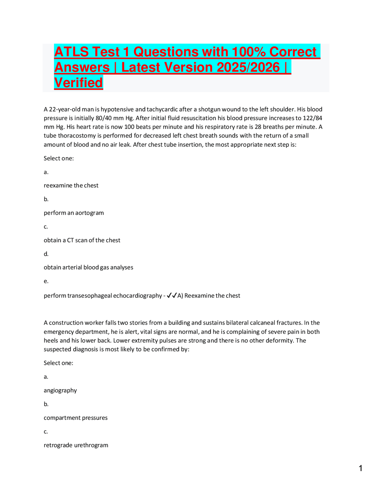 ATLS Test 1 Questions with 100% Correct Answers | Latest Version 2025/ ...