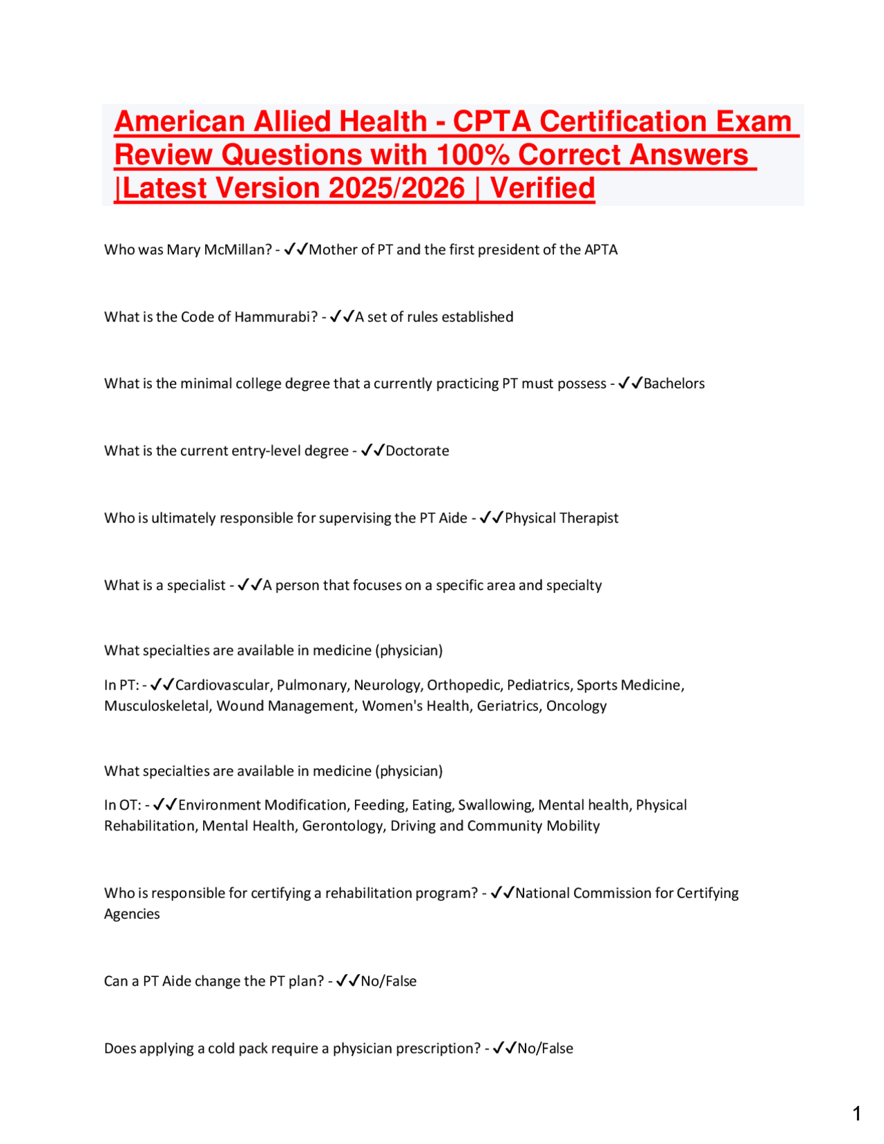 American Allied Health - CPTA Certification Exam Review Questions with ...
