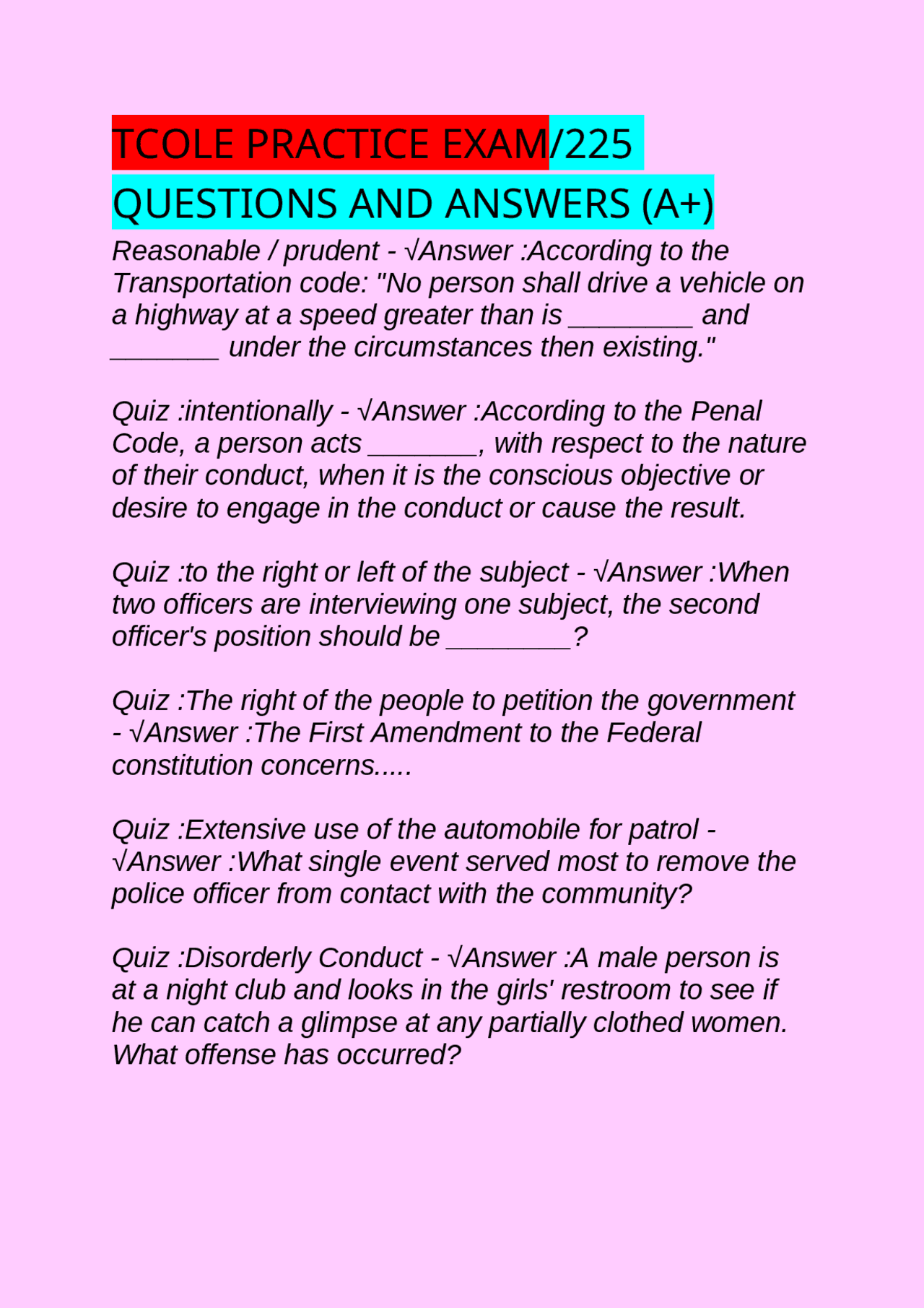 TCOLE PRACTICE EXAM/225 QUESTIONS AND ANSWERS (A+) | Exams Law | Docsity