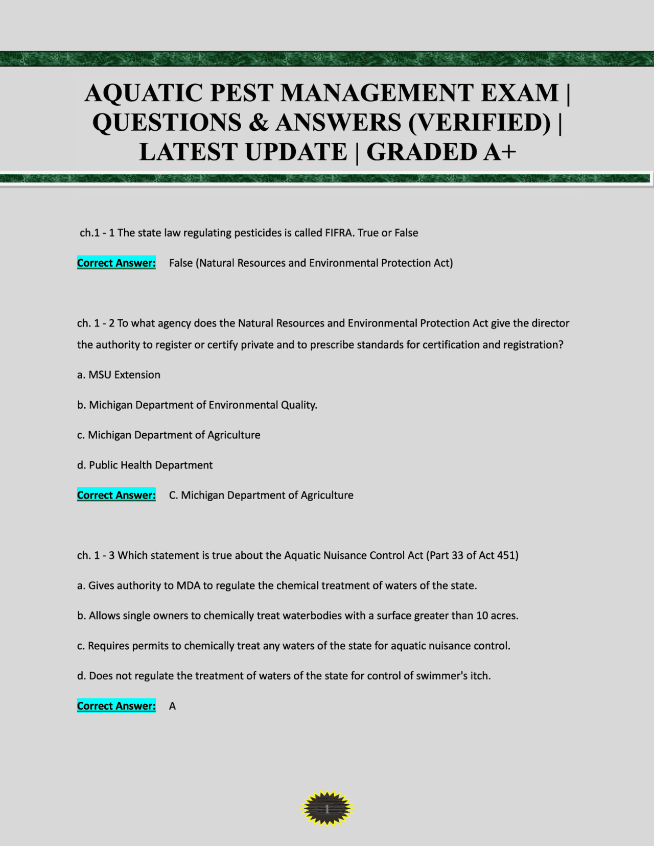 AQUATIC PEST MANAGEMENT PRACTICE EXAM Questions with 100% Correct ...