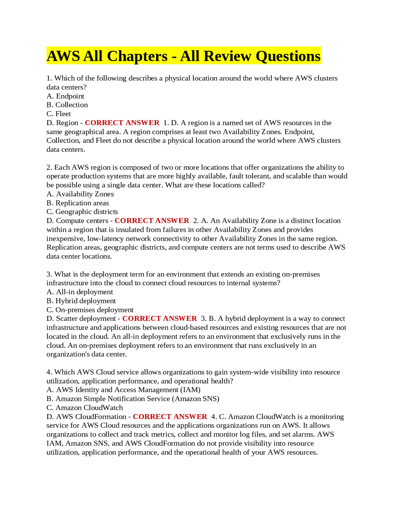 AWS All Chapters - All Review Questions | Exams Science education | Docsity