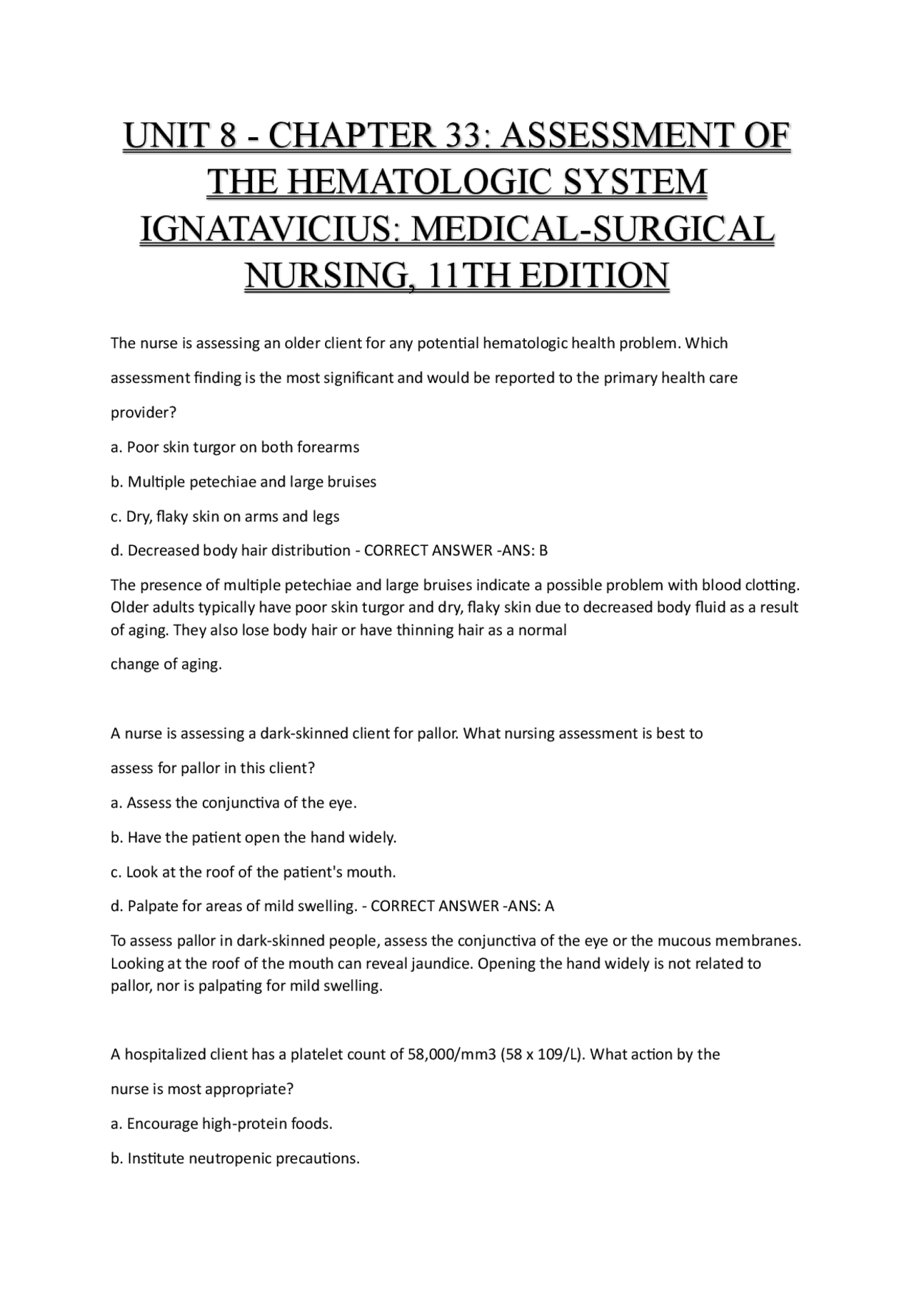 UNIT 8 - CHAPTER 33: ASSESSMENT OF THE HEMATOLOGIC SYSTEM IGNATAVICIUS: MEDICAL-SURGICAL | Exams ...
