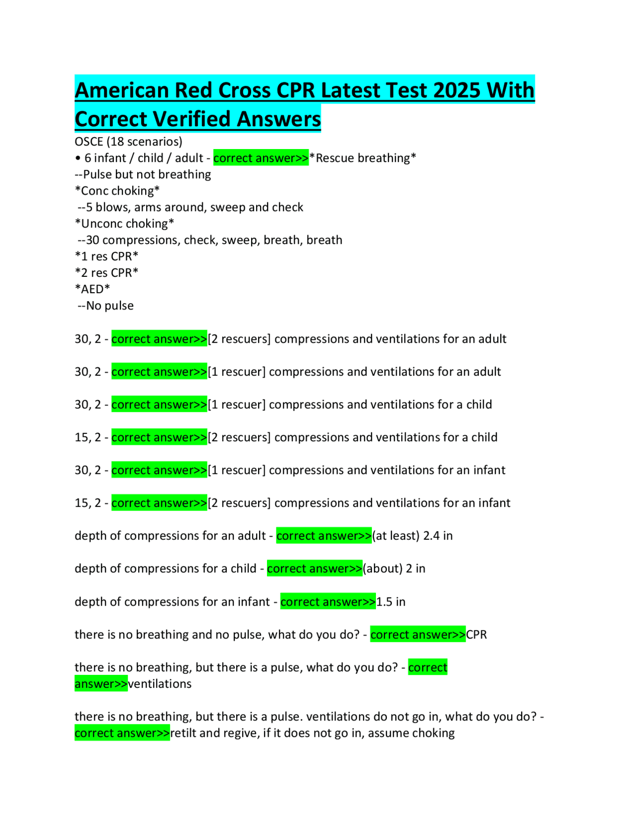 American Red Cross CPR Latest Test 2025 With Correct Verified Answers ...