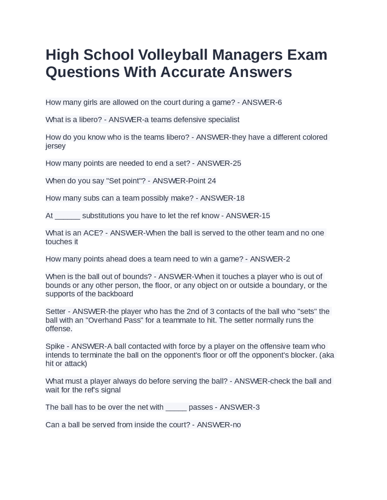 High School Volleyball Managers Exam Questions With Accurate Answers ...