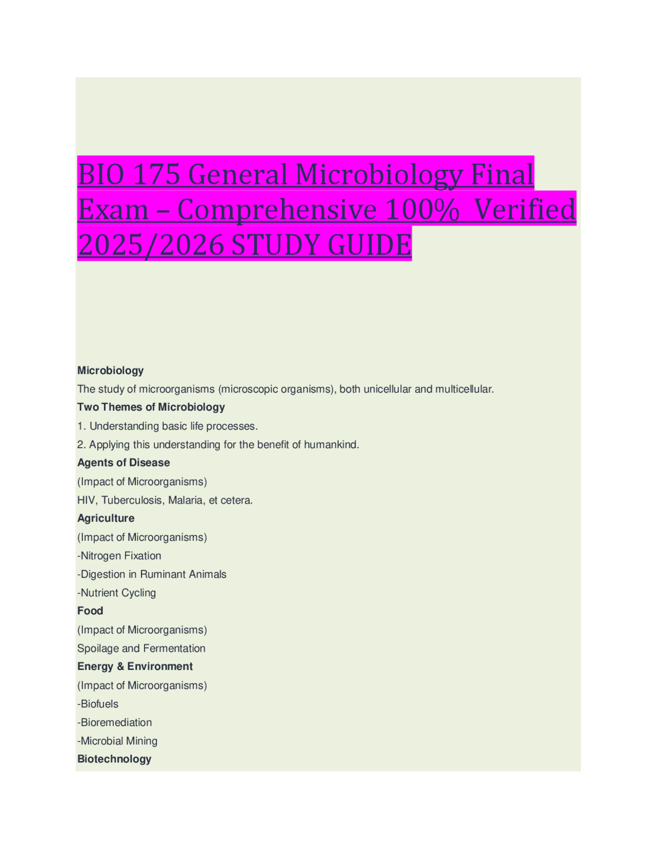 BIO 175 General Microbiology Final Exam – Comprehensive 100% Verified ...