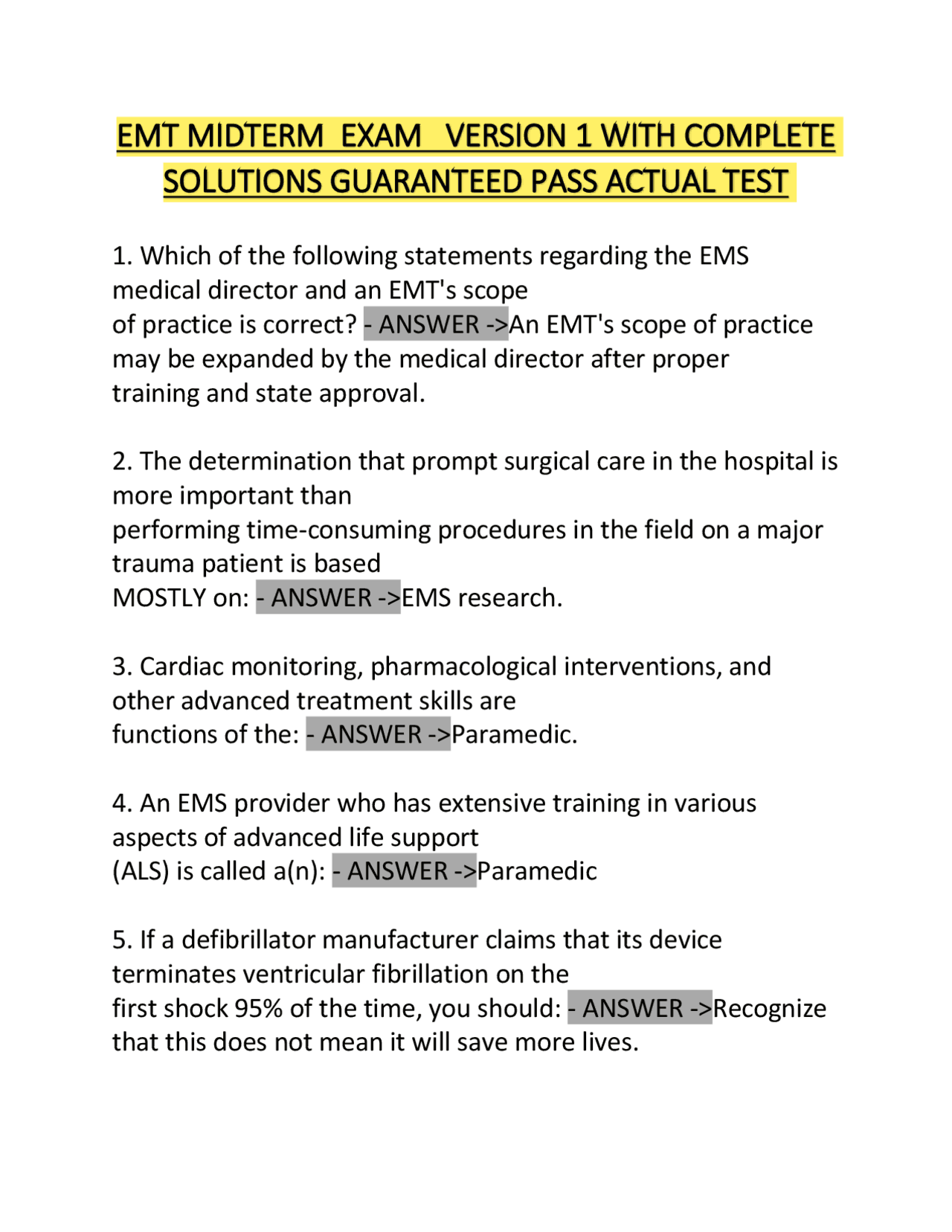 EMT Midterm Exam with Complete Solutions: Guaranteed Pass | Exams ...