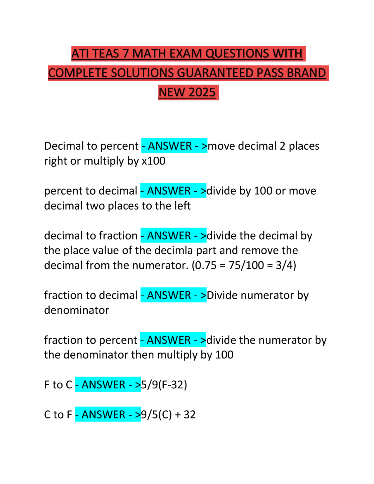 ATI TEAS 7 MATH EXAM QUESTIONS WITH COMPLETE SOLUTIONS GUARANTEED PASS ...