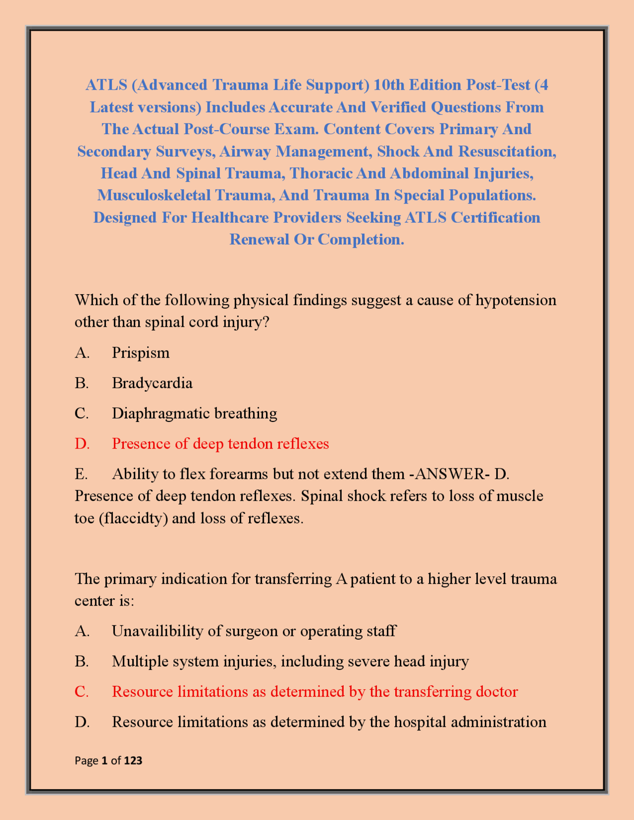 ATLS (Advanced Trauma Life Support) 10th Edition Post-Test (4 Latest ...