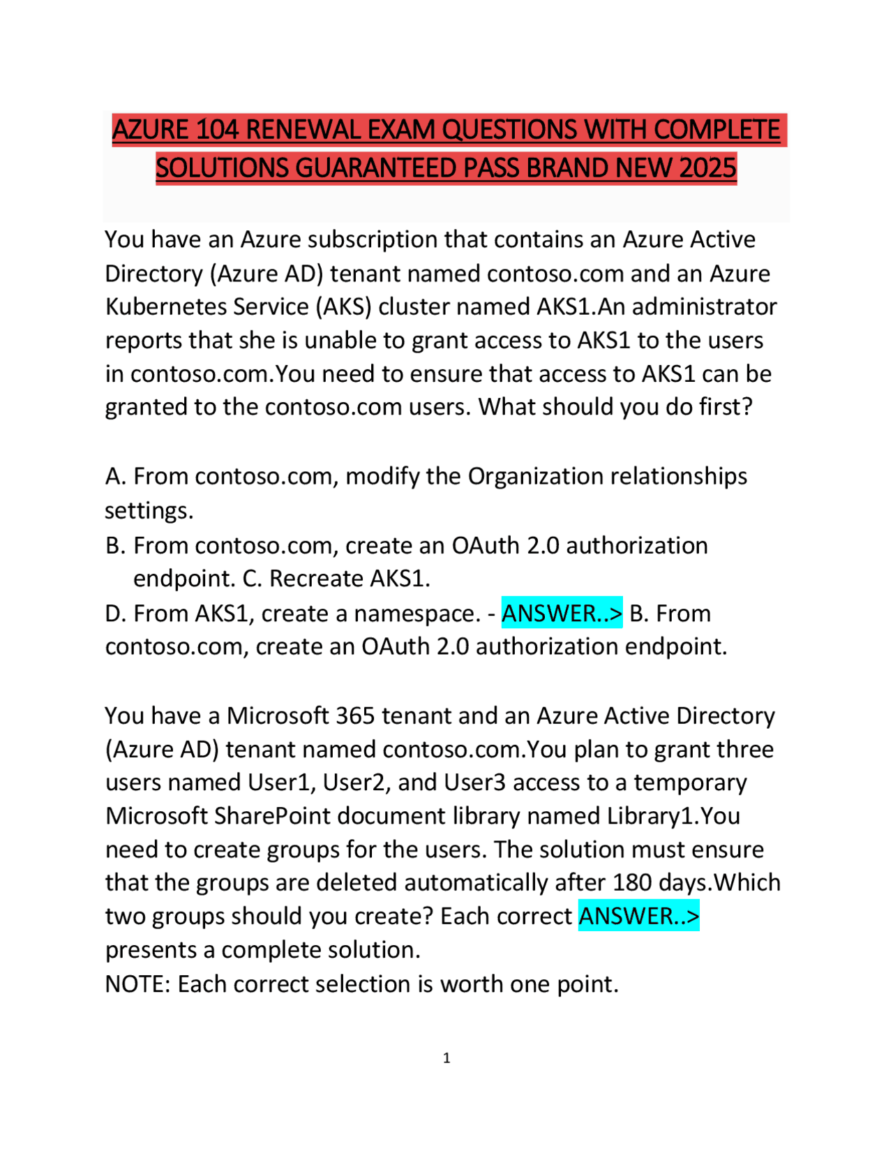 AZURE 104 RENEWAL EXAM QUESTIONS WITH COMPLETE SOLUTIONS | Exams MS ...