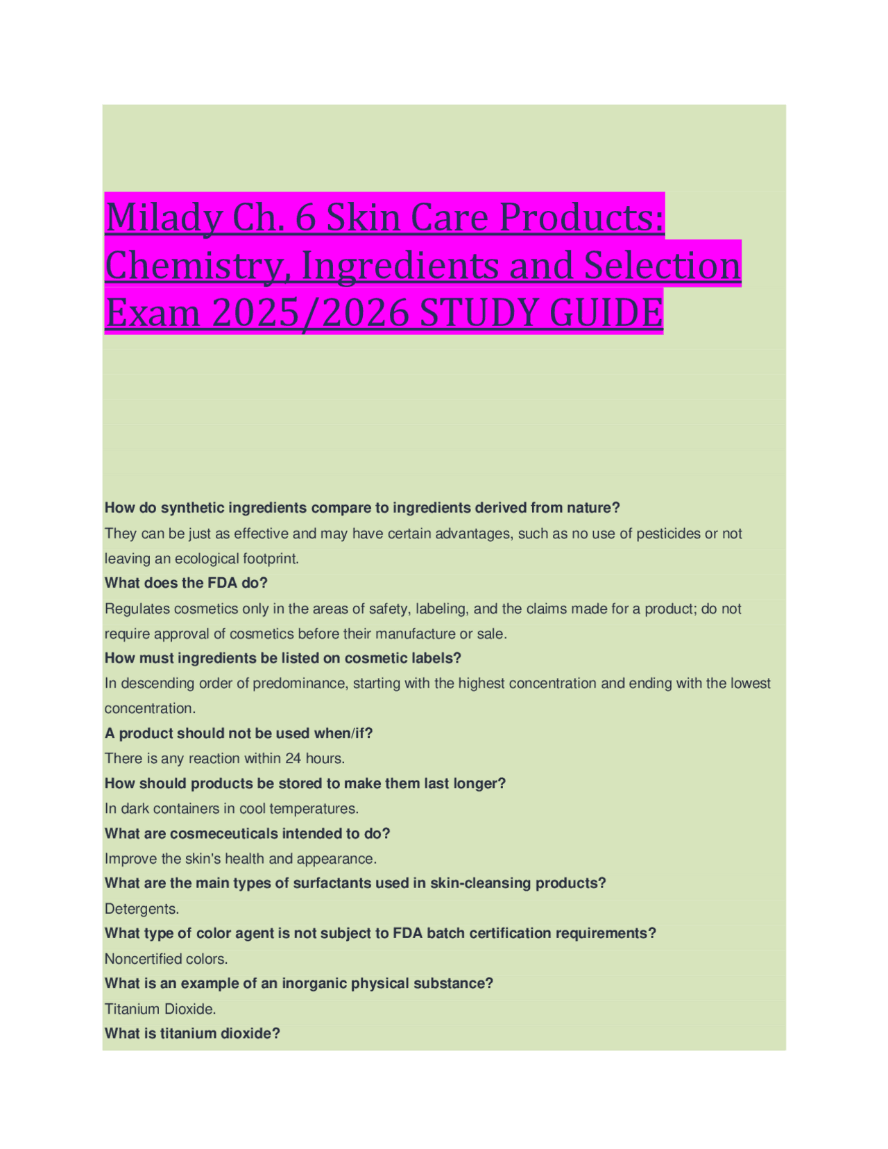 Milady Ch. 6 Skin Care Products: Chemistry, Ingredients and Selection ...