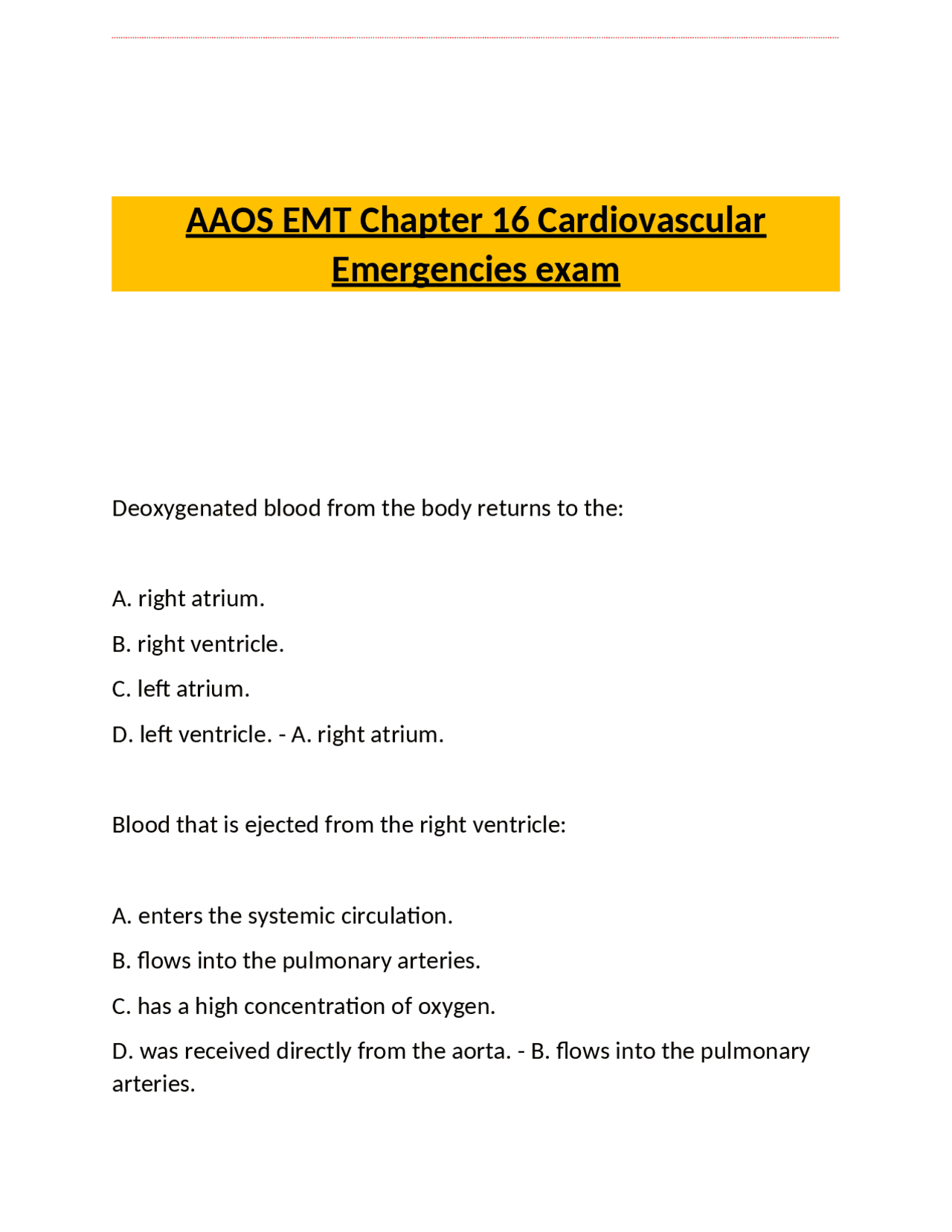 AAOS EMT Chapter 16 Cardiovascular Emergencies exam.docx | Exams Nursing | Docsity