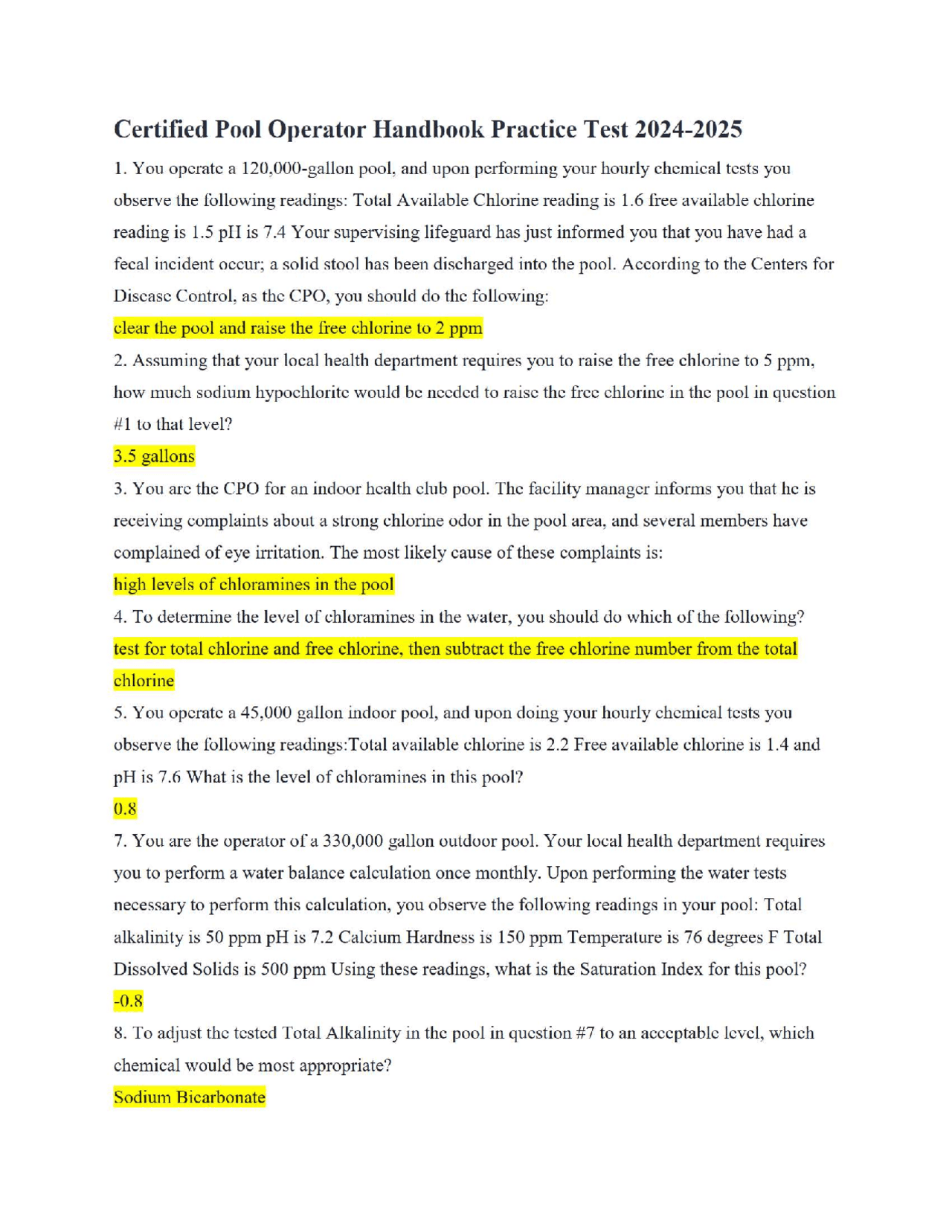 Certified Pool Operator Handbook Practice Test 2024-2025 | Exams Sports ...