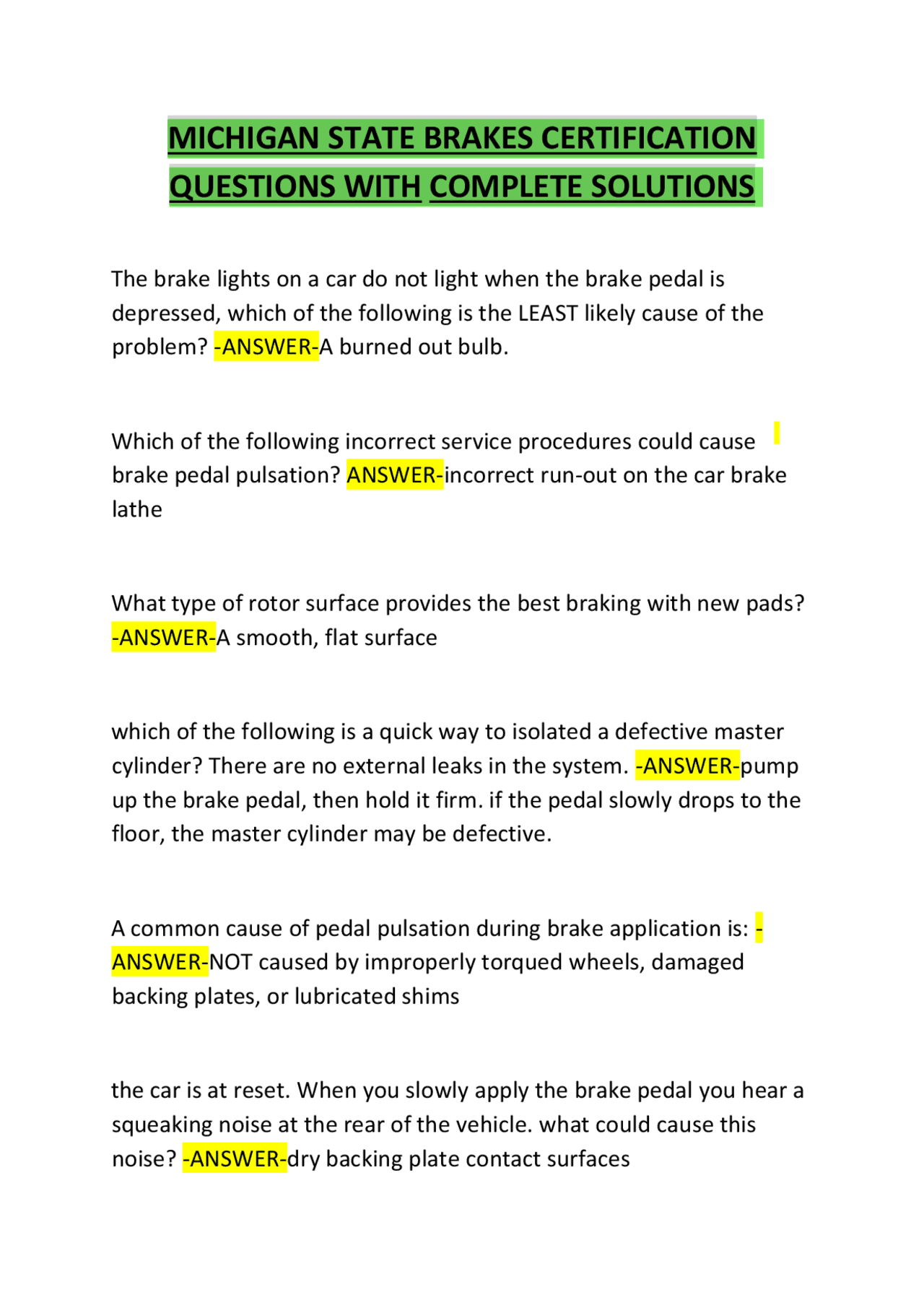 Michigan State Brakes Certification: Questions and Solutions | Exams ...