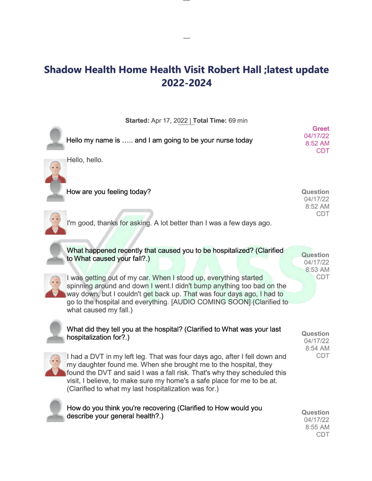 Shadow Health - Robert Hall - Mobility - Subjective questions and ...