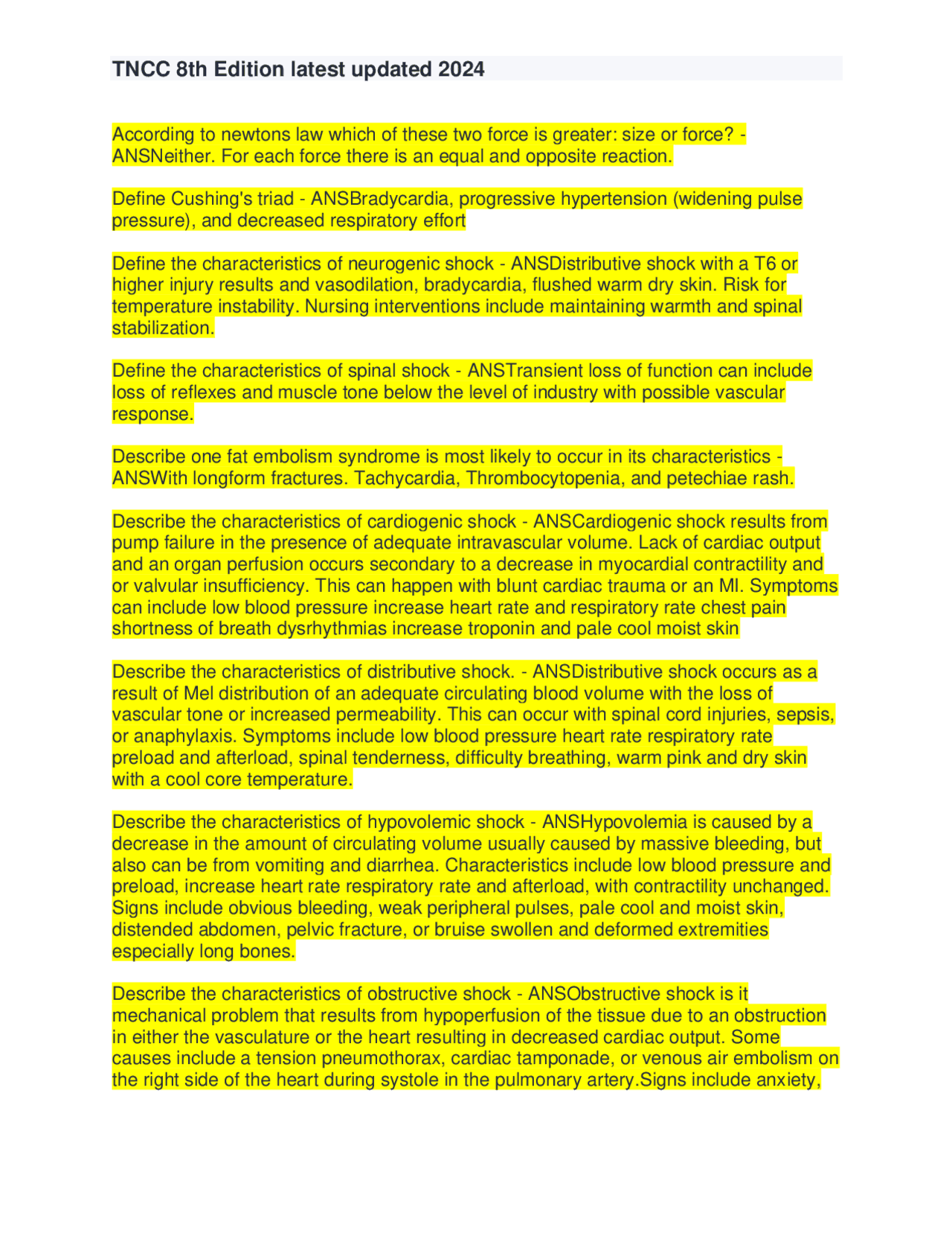 TNCC 8th Edition latest updated 2024.pdf | Exams Nursing | Docsity