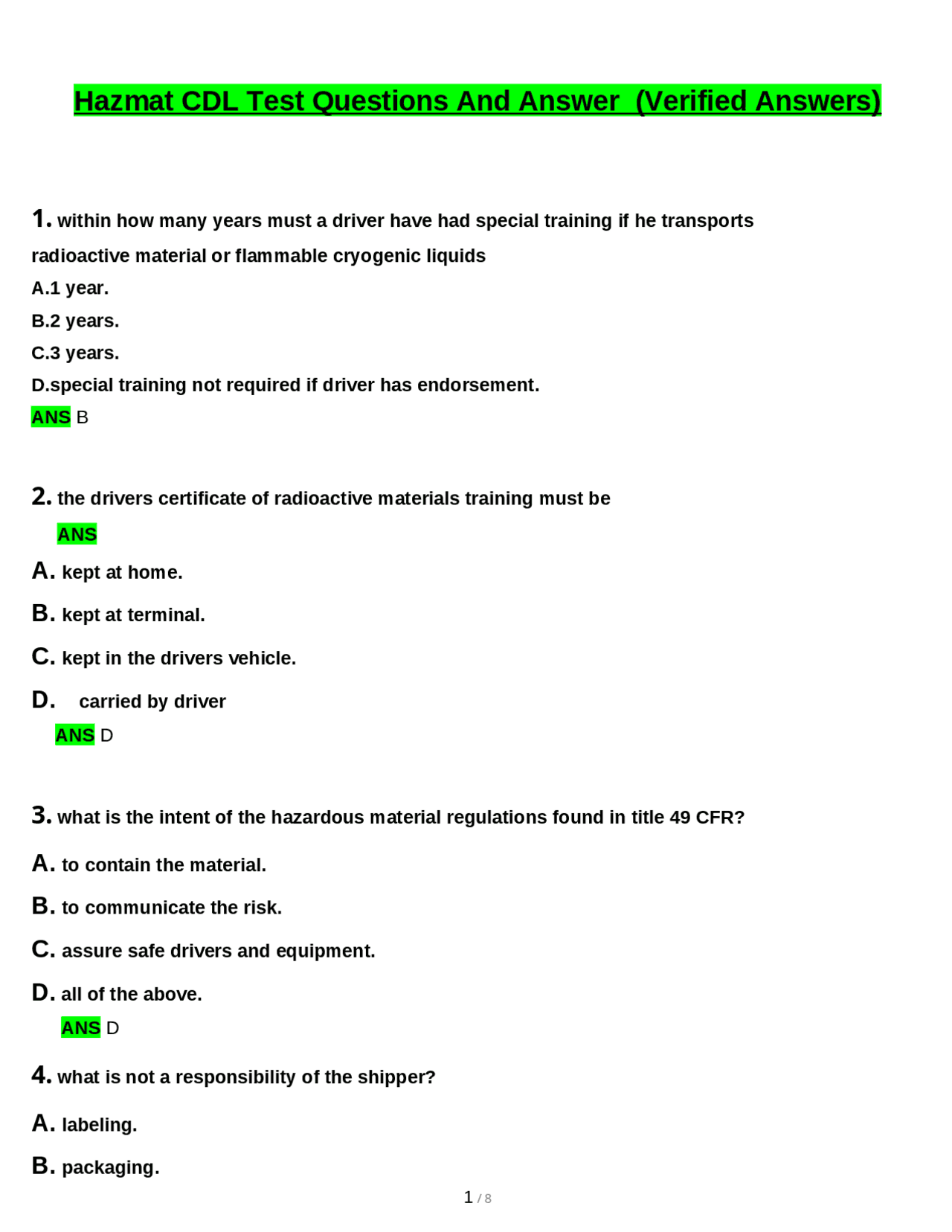 Hazmat CDL tested questions with revised correct answers, a+ guarantee ...