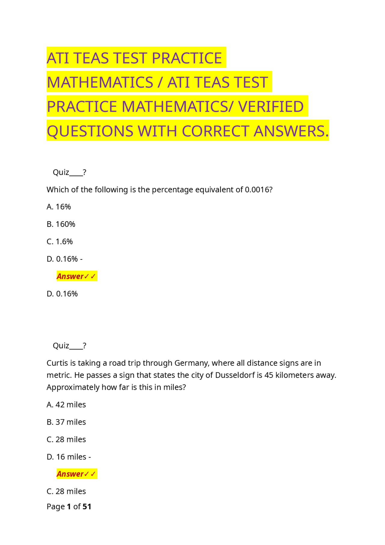ATI TEAS TEST PRACTICE MATHEMATICS / ATI TEAS TEST PRACTICE MATHEMATICS ...