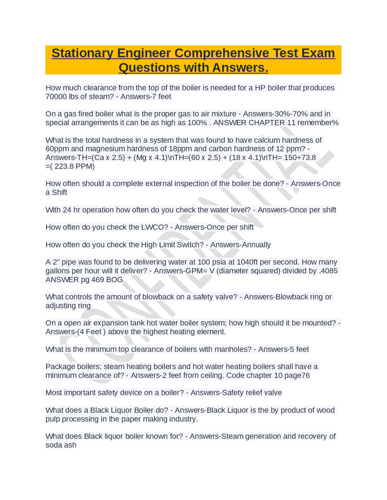 Stationary Engineer Comprehensive Test Exam Questions with Answers ...