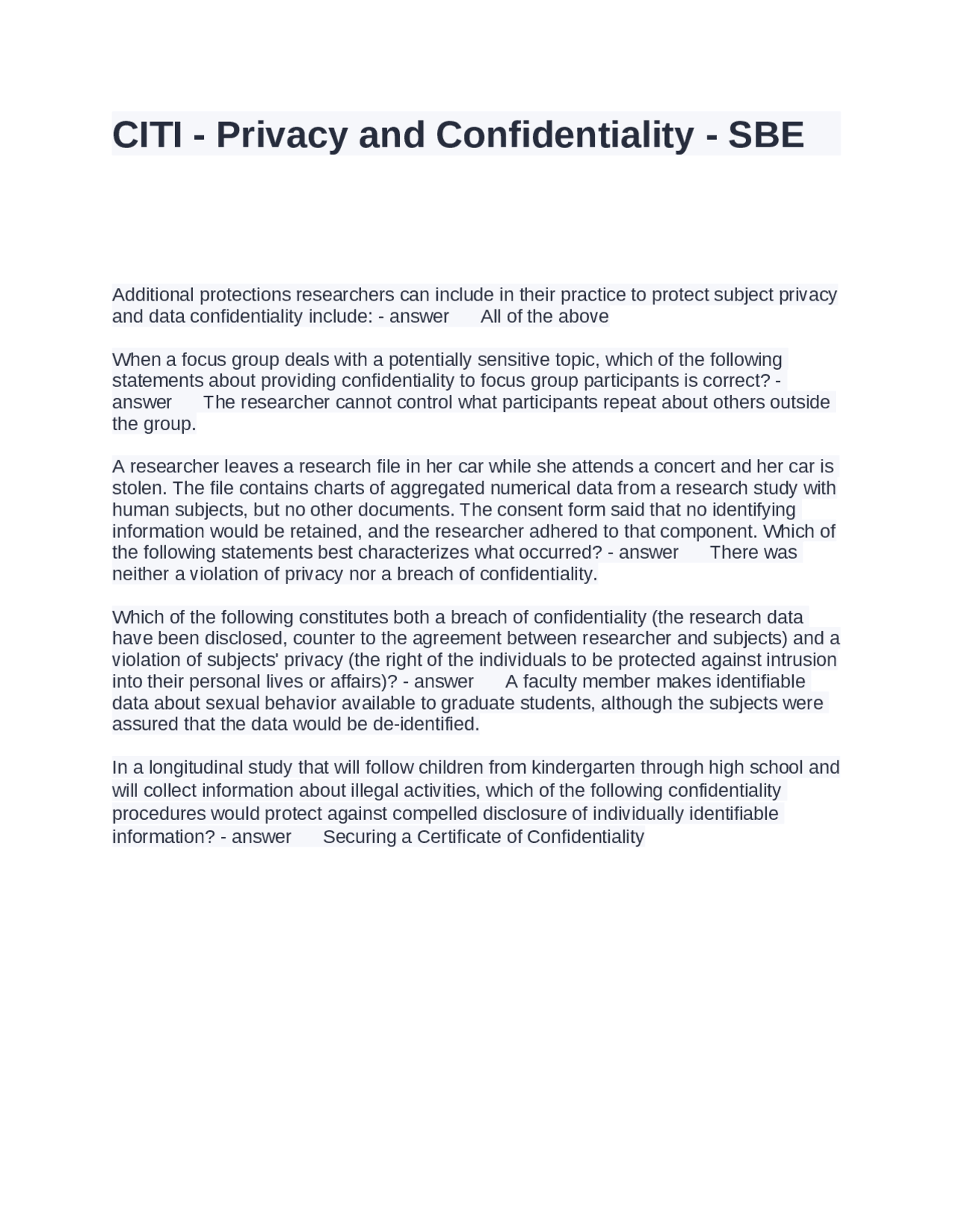 CITI - Privacy and Confidentiality - SBE Questions and Answers 100% ...