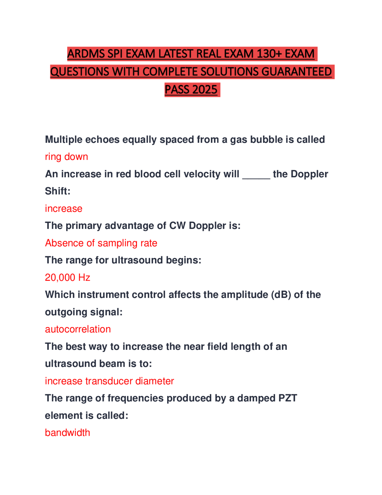 ARDMS SPI EXAM LATEST REAL EXAM 100 QUESTIONS AND CORRECT ANSWERS ...