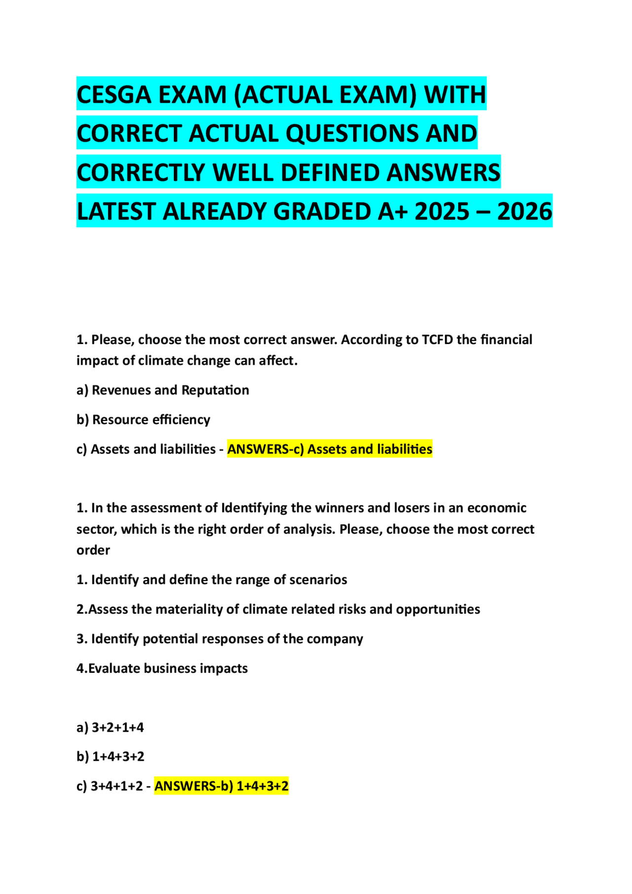 CESGA EXAM (ACTUAL EXAM) WITH CORRECT ACTUAL QUESTIONS AND CORRECTLY ...