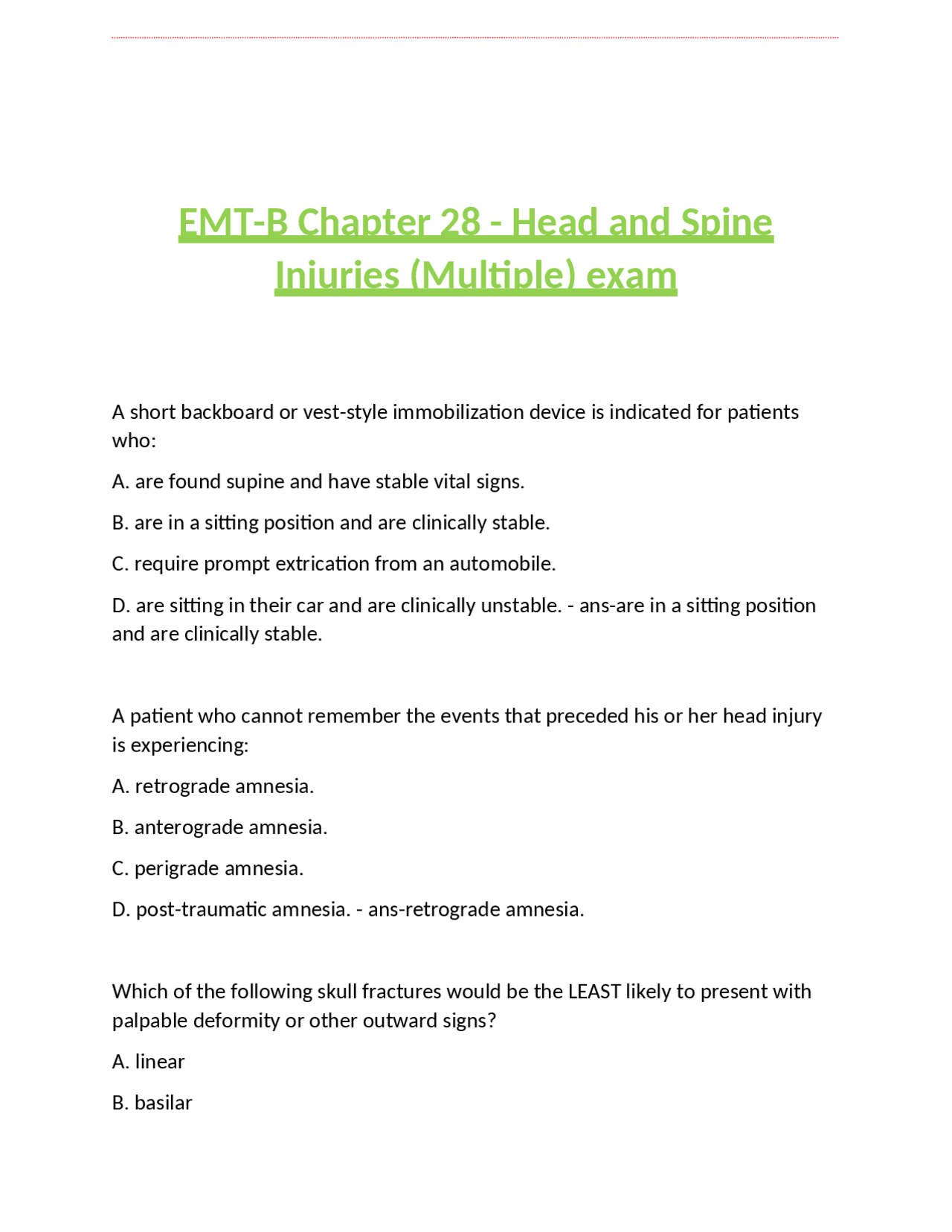 EMT-B Chapter 28 - Head and Spine Injuries (Multiple) exam.docx | Exams Nursing | Docsity