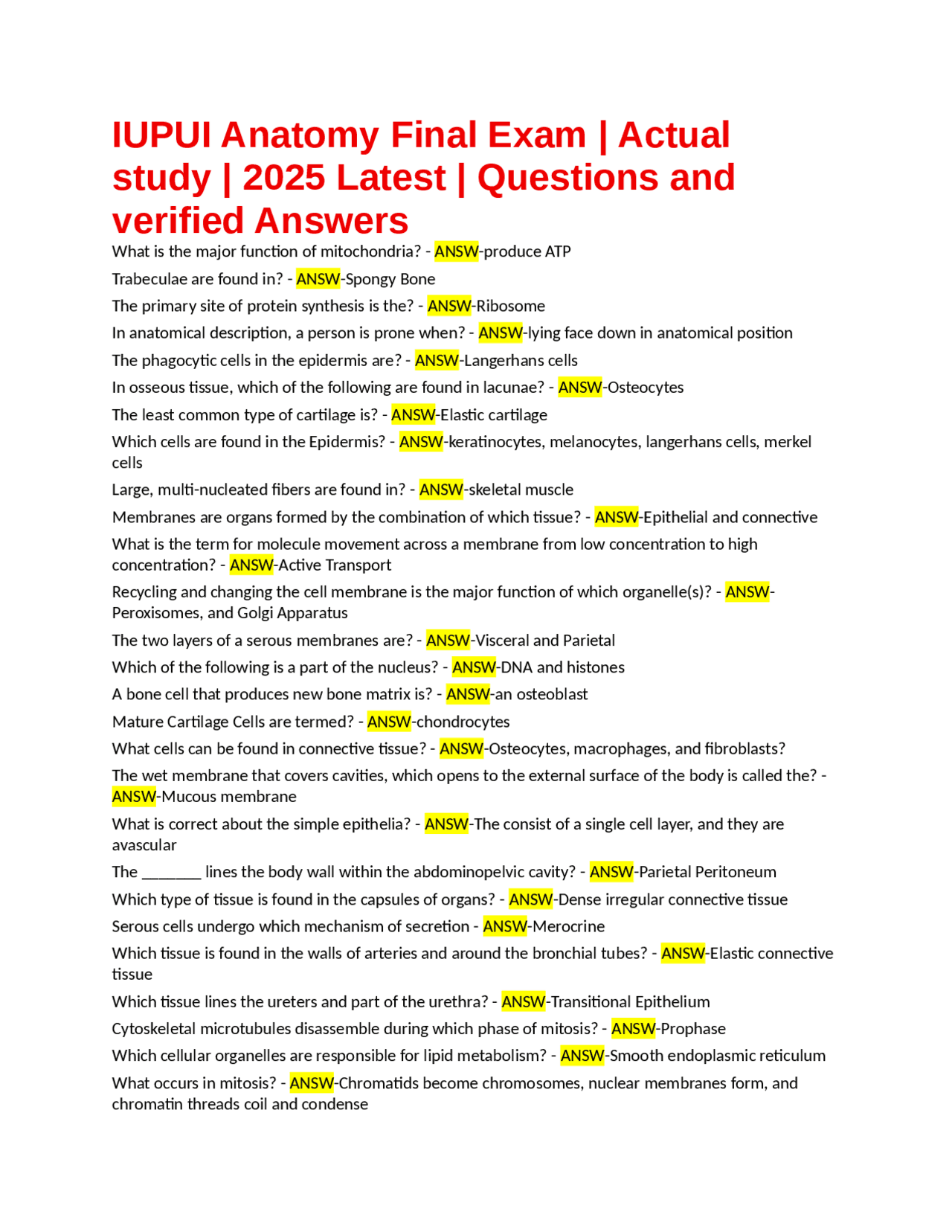 IUPUI Anatomy Final Exam | Actual study | 2025 Latest | Questions and ...