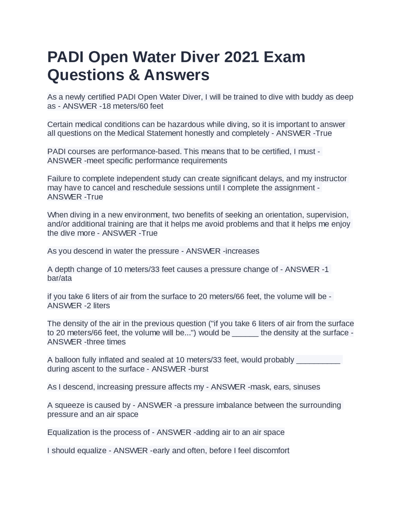 PADI Open Water Diver Exam: Questions and Answers | Exams Earth ...