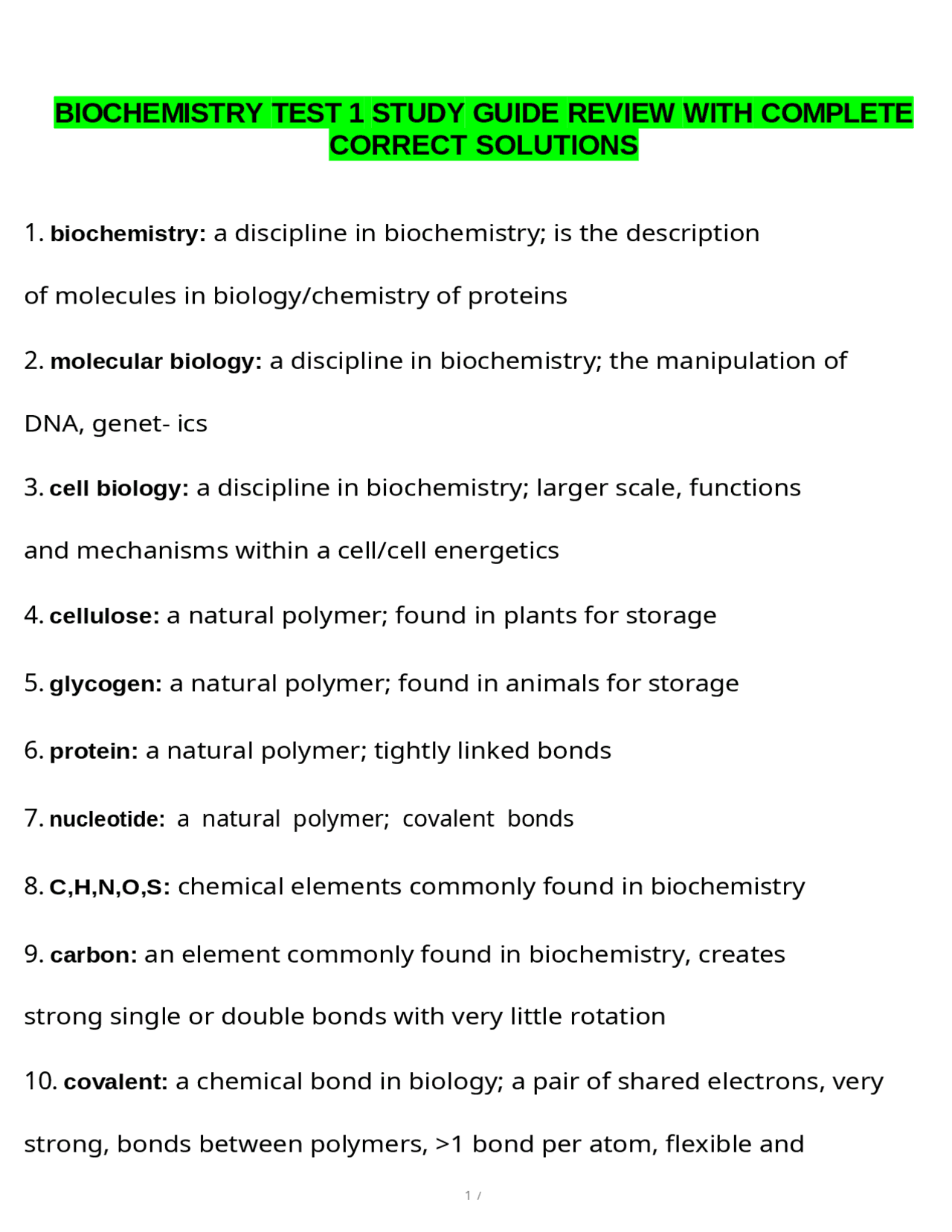Biochemistry Test 1 Study Guide: Complete Review with Solutions | Exams ...