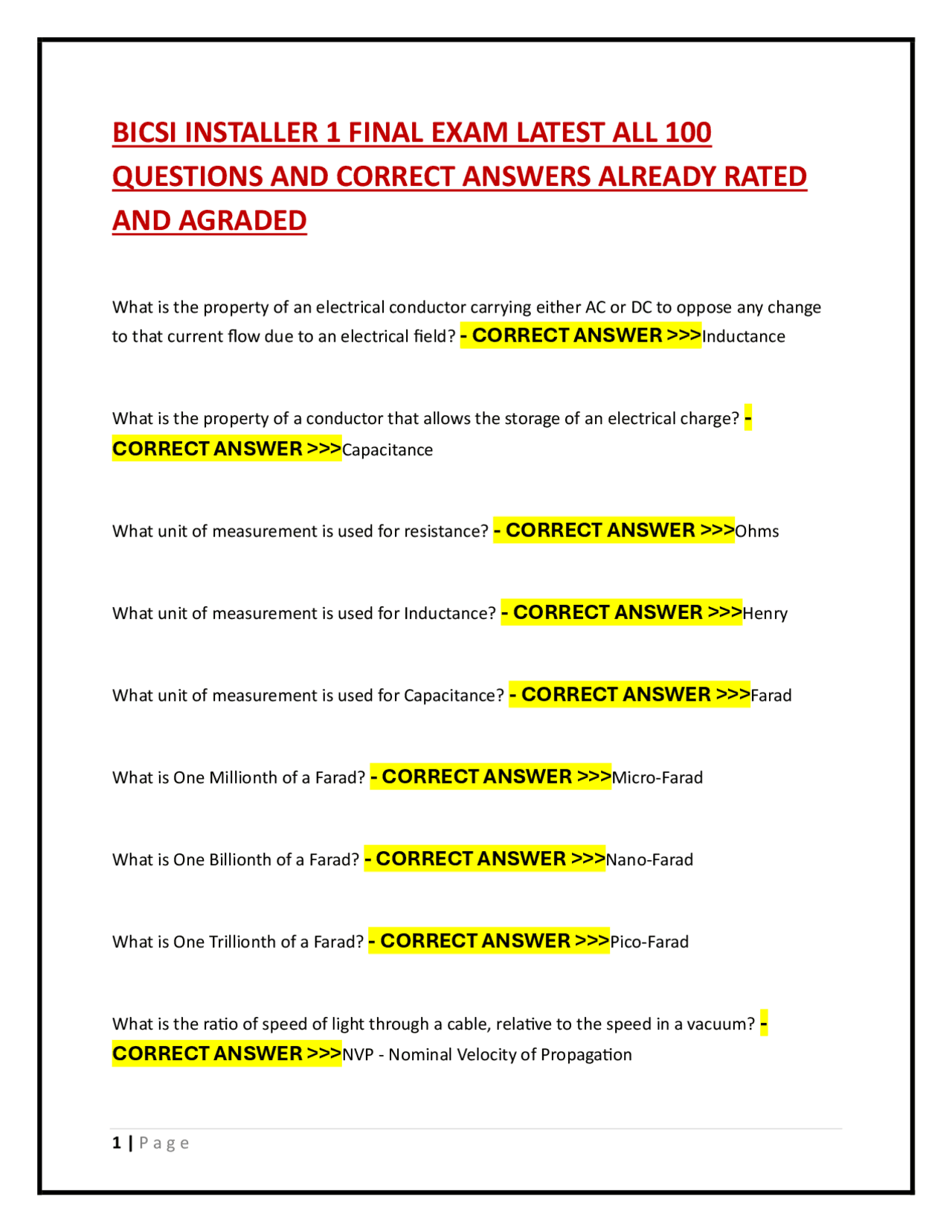 BICSI INSTALLER 1 FINAL EXAM LATEST ALL 100 QUESTIONS AND CORRECT ...