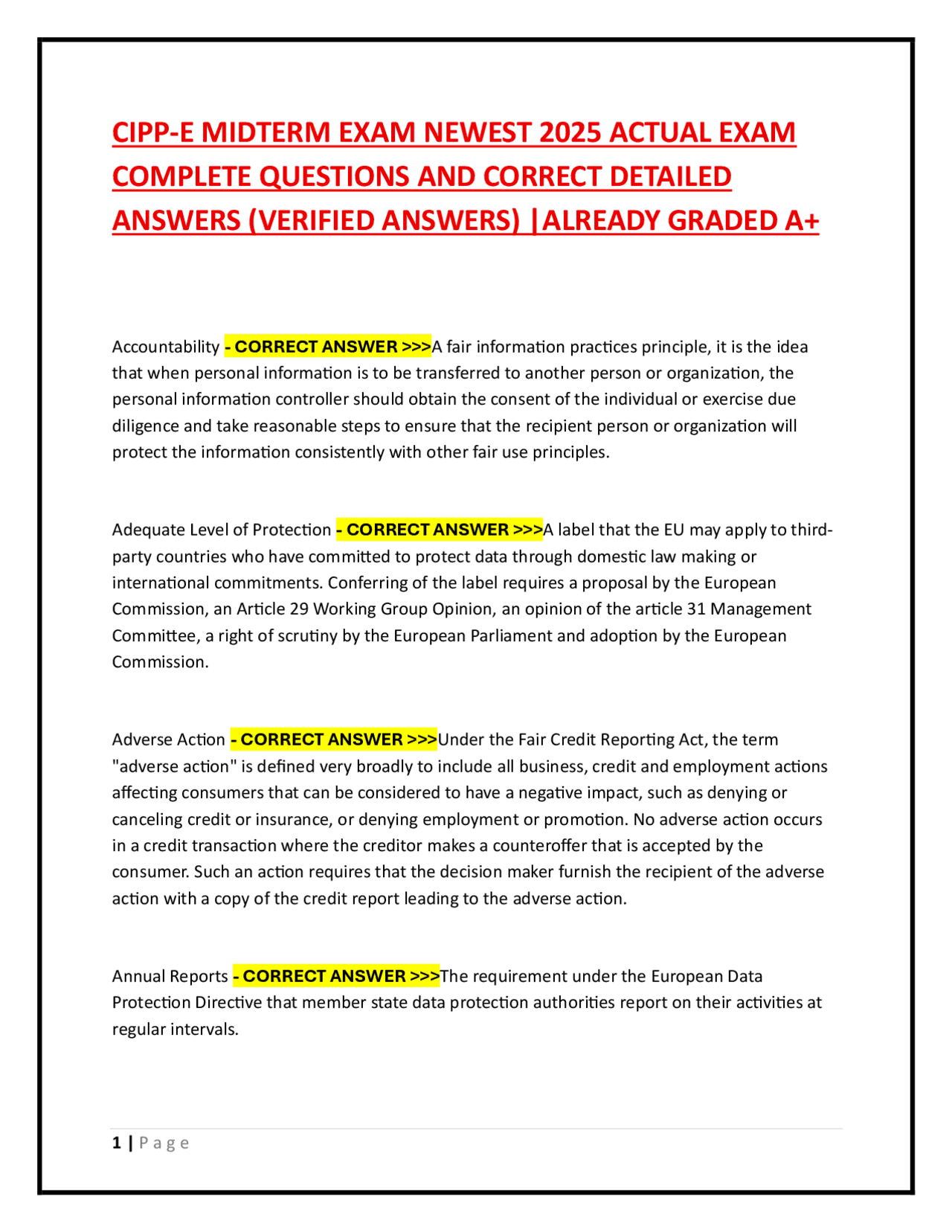 CIPP-E MIDTERM EXAM NEWEST 2025 ACTUAL EXAM COMPLETE QUESTIONS AND CORRECT ANSWERS | Exams ...