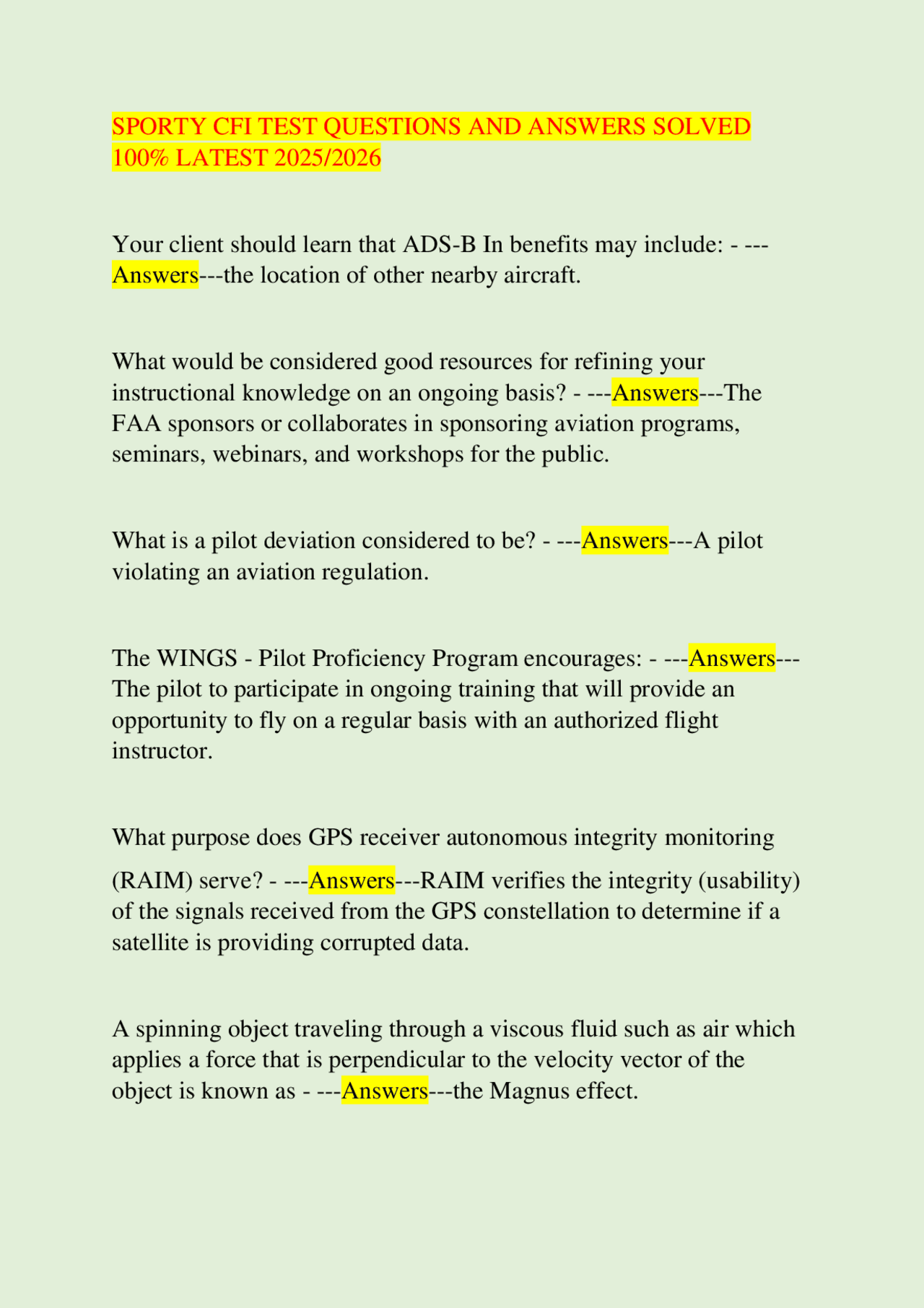 Sporty CFI Test Questions and Answers: Aviation Study Guide 2025/2026 ...