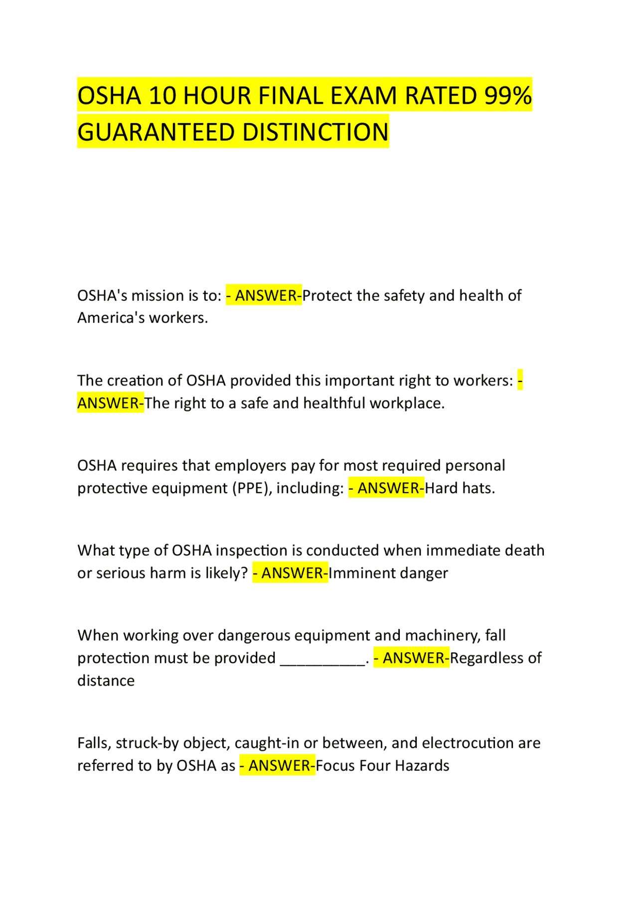 OSHA 10-Hour Safety Exam: Q&A for Workplace Safety Certification ...