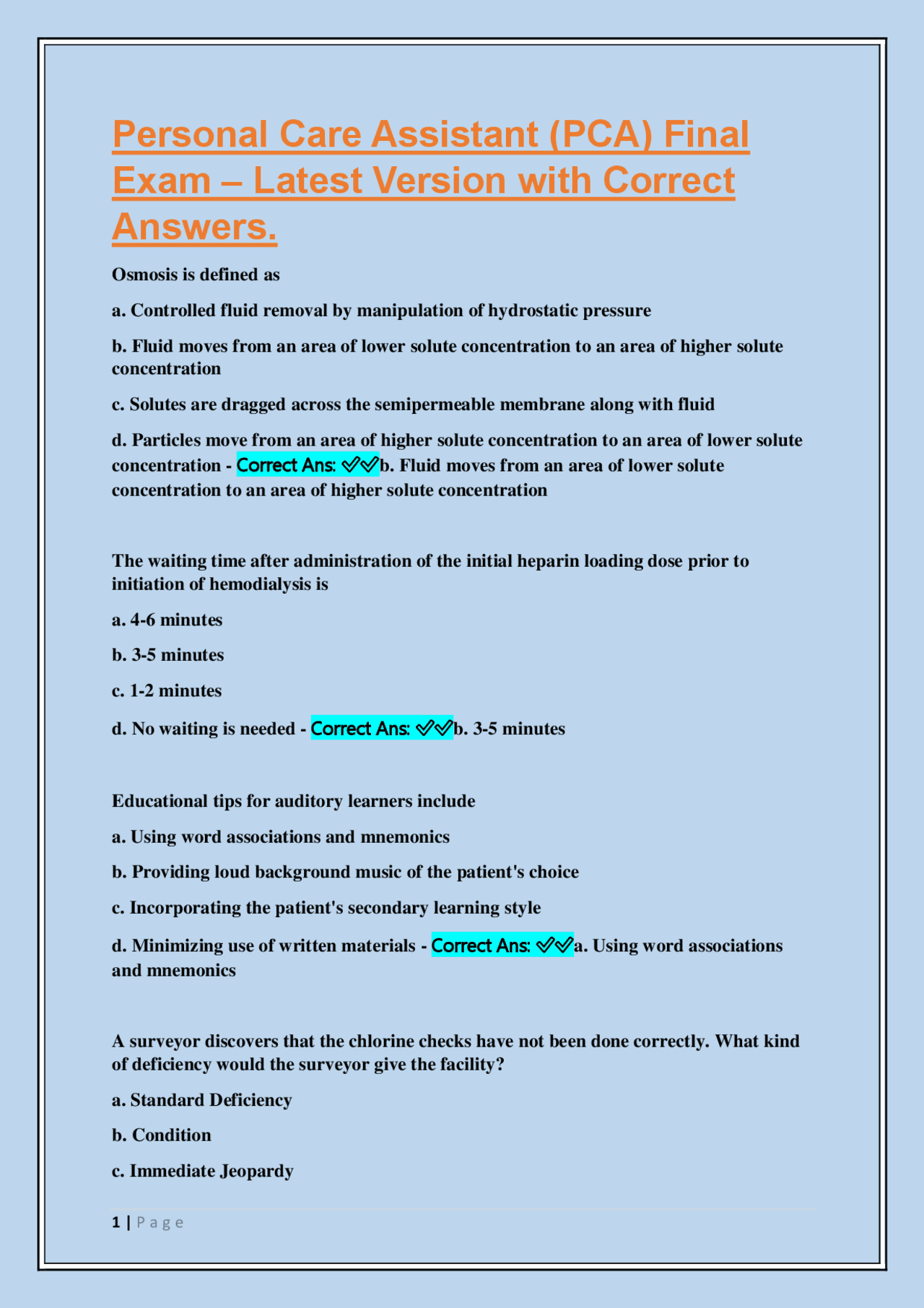 Personal Care Assistant (PCA) Final Exam – Latest Version with Correct ...