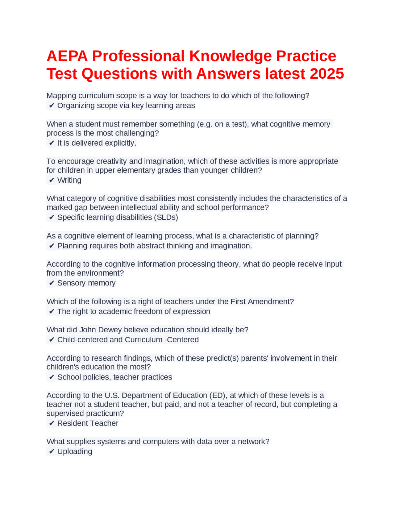 AEPA Professional Knowledge Practice Test Questions with Answers latest ...