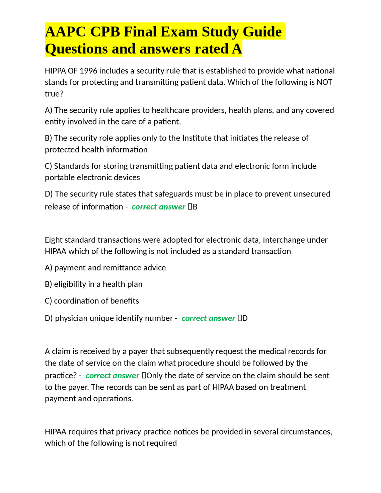 AAPC CPB Final Exam Study Guide Questions and answers rated A | Exams ...