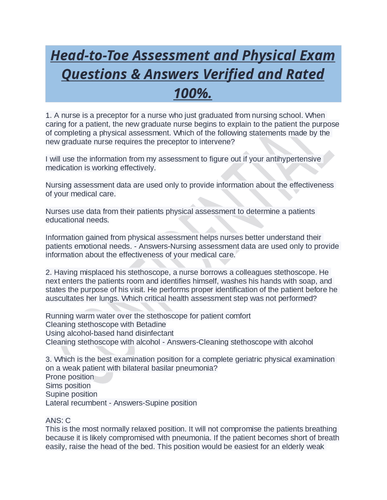 Head-to-Toe Assessment and Physical Exam Questions & Answers Verified ...