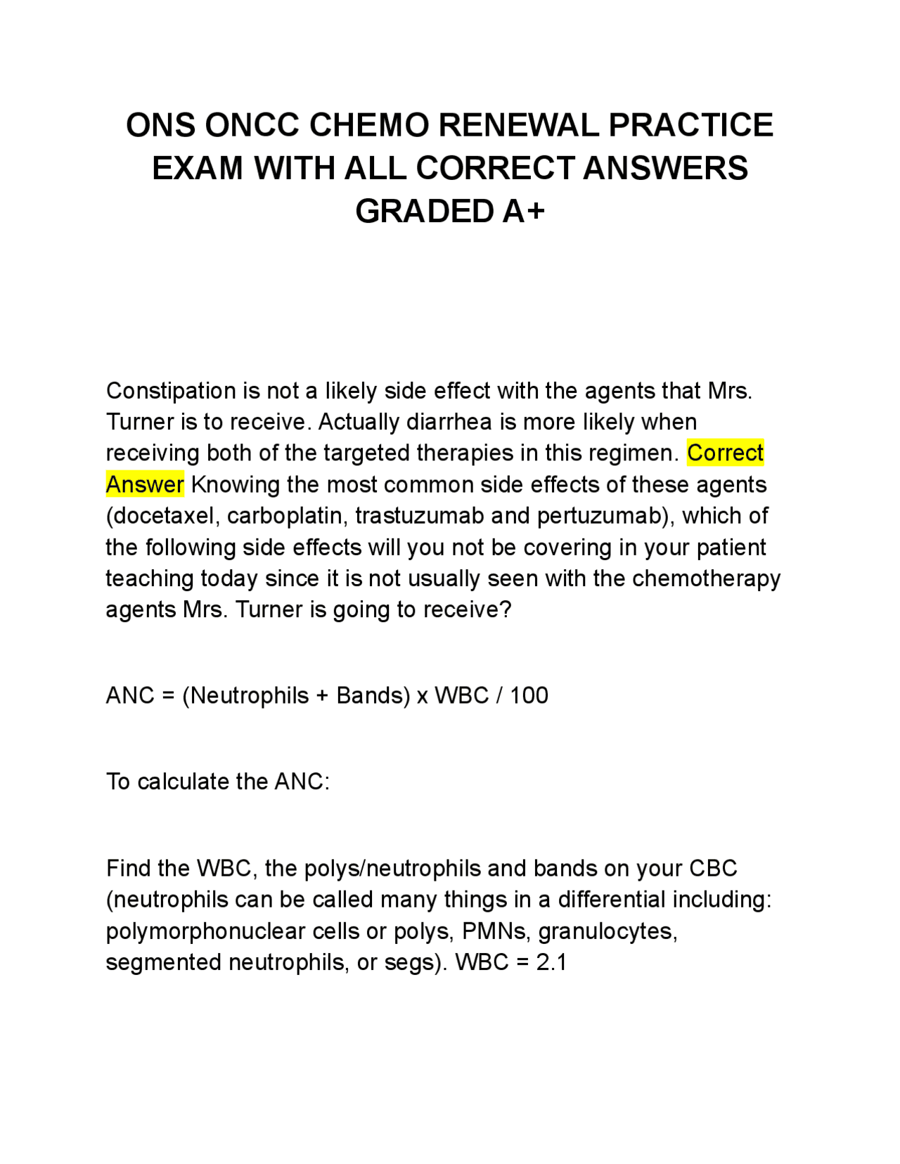 ONS ONCC CHEMO RENEWAL PRACTICE EXAM WITH ALL CORRECT ANSWERS GRADED A+ ...