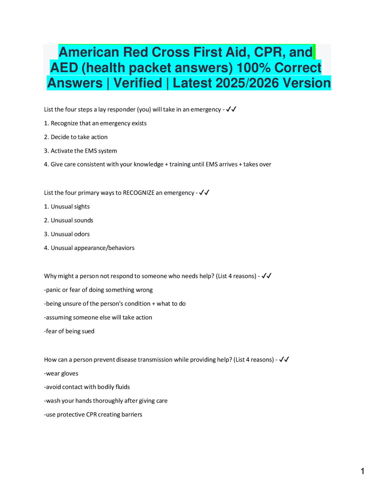 American Red Cross First Aid, CPR, and Answers | Verified | Latest 2025 ...