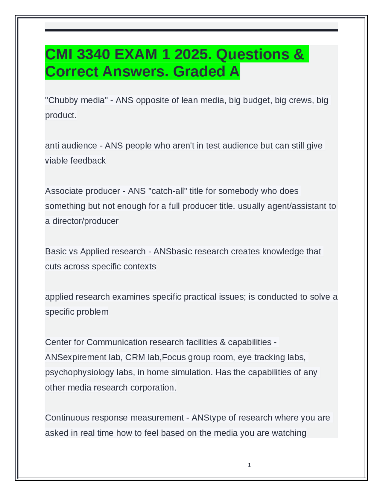 CMI 3340 EXAM 1 2025. Questions & Correct Answers. Graded A | Exams ...